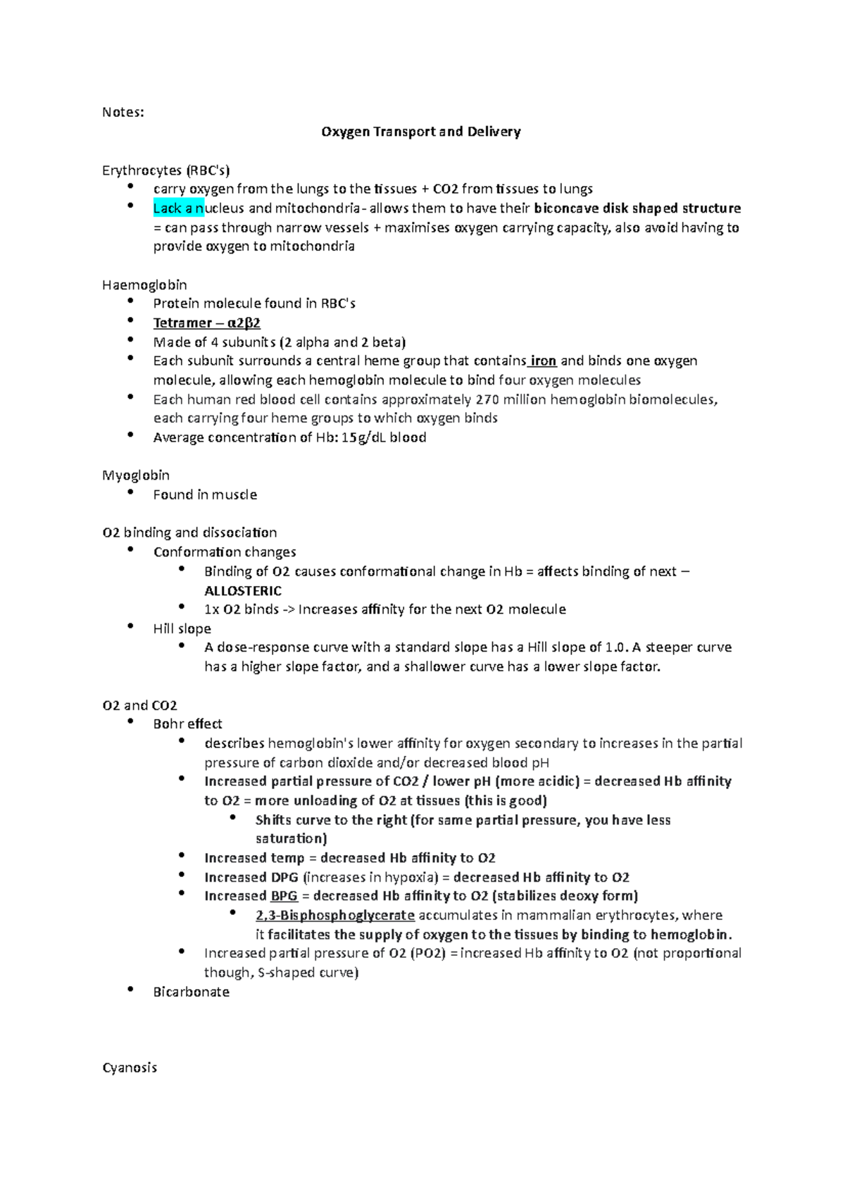 Oxygen Transport and Delivery - Notes: Oxygen Transport and Delivery ...
