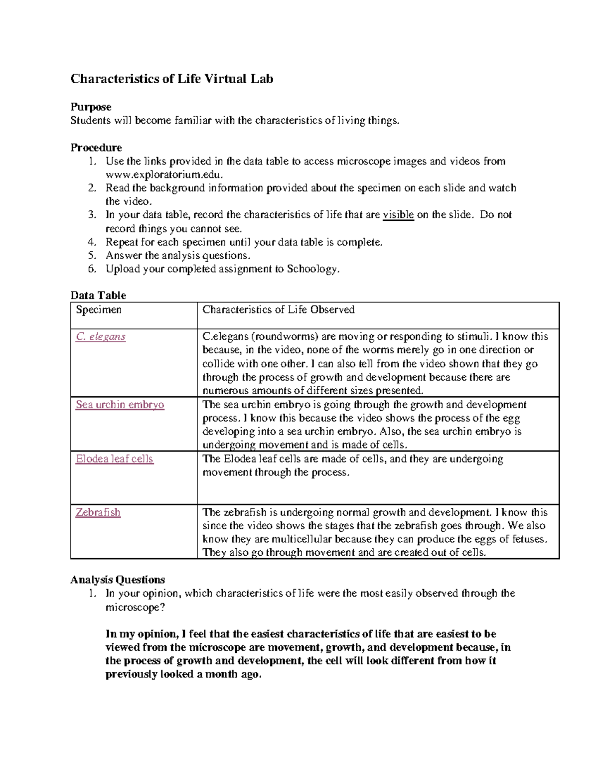 Characteristics of Life Virtual Lab - Characteristics of Life Virtual ...
