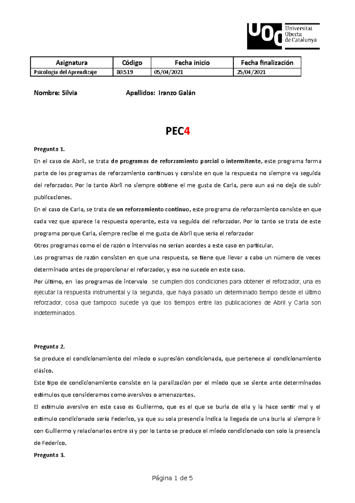 PEC 4 psicología del aprendizaje 2020/2021 - UOC - Studocu