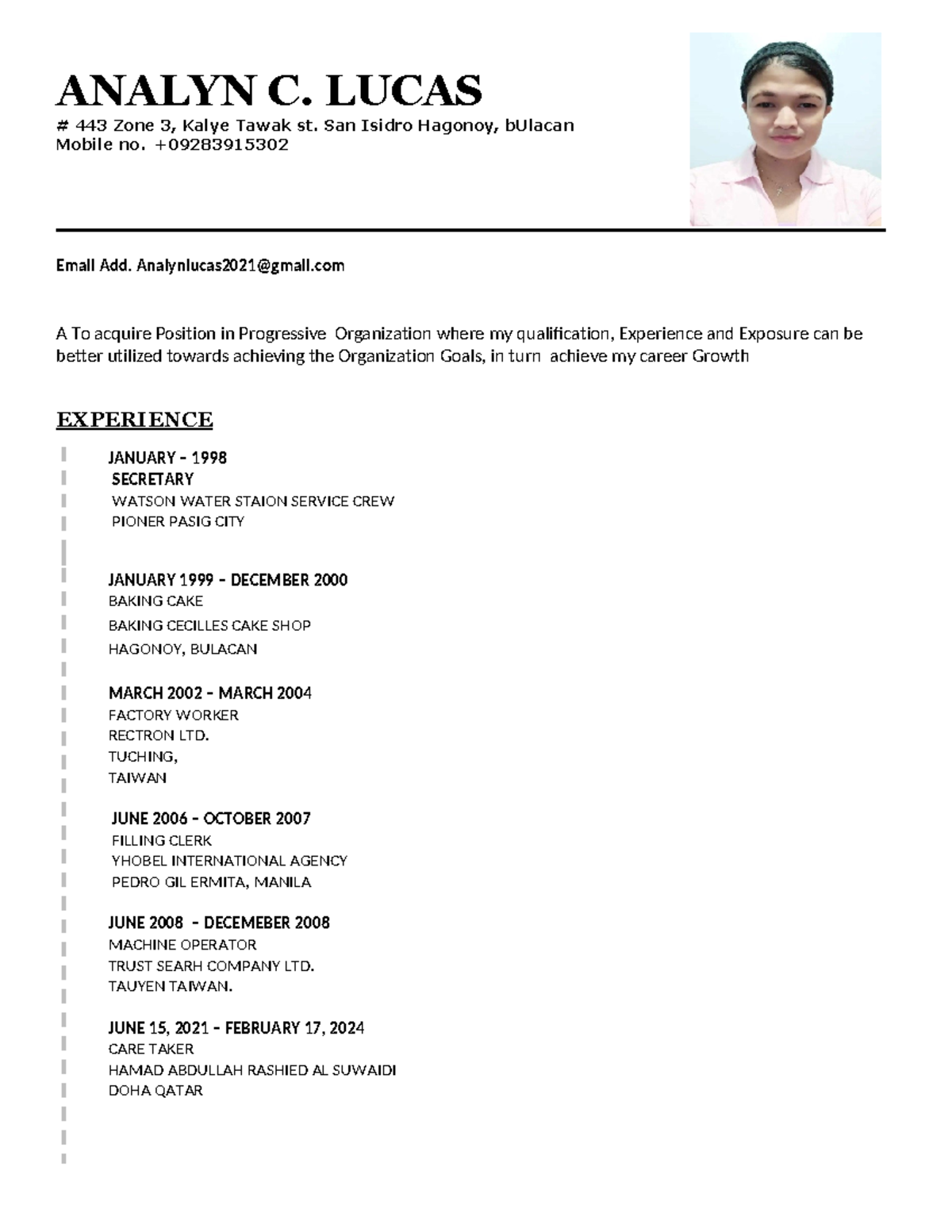 Analyn Lucas Resume - ANALYN C. LUCAS 443 Zone 3, Kalye Tawak st. San ...