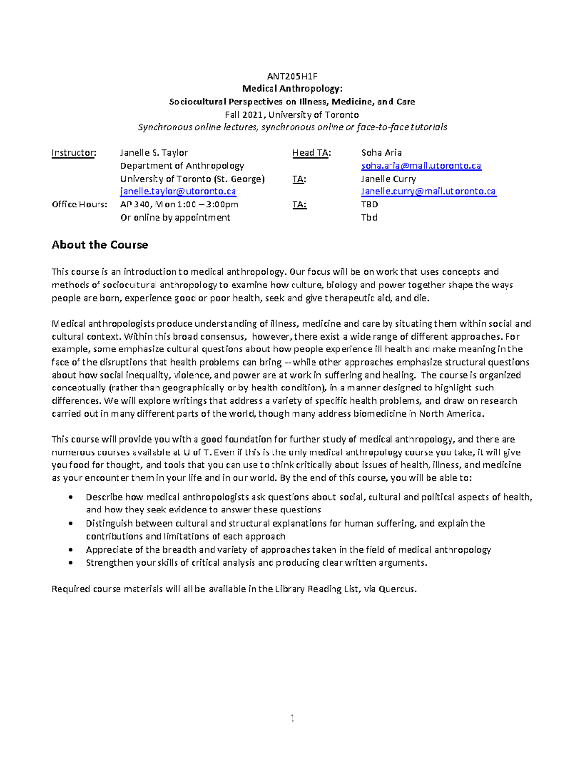 ANT205 Syllabus - ANT205H1F Medical Anthropology: Sociocultural ...