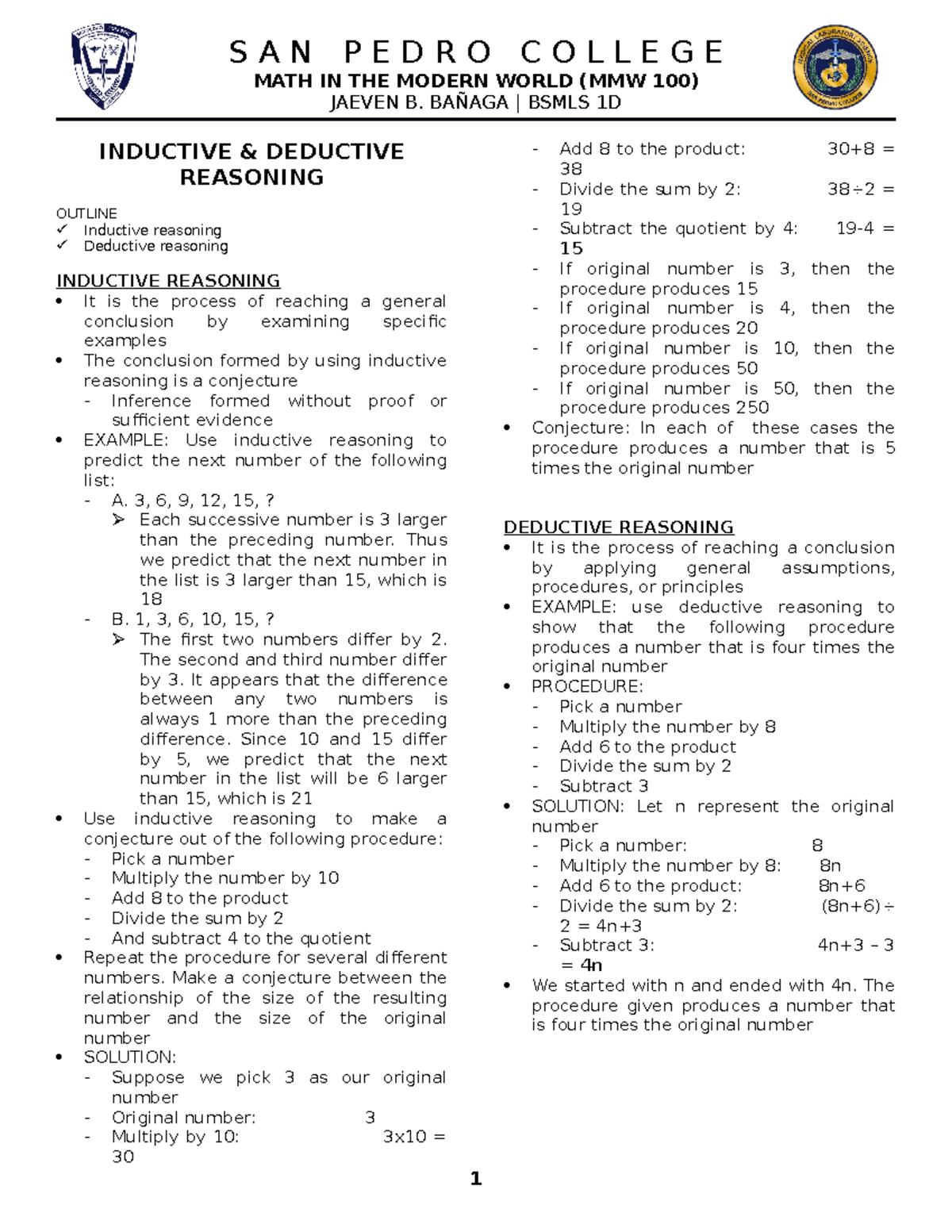Inductive & Deductive Reasoning - S A N P E D R O C O L L E G E MATH IN ...