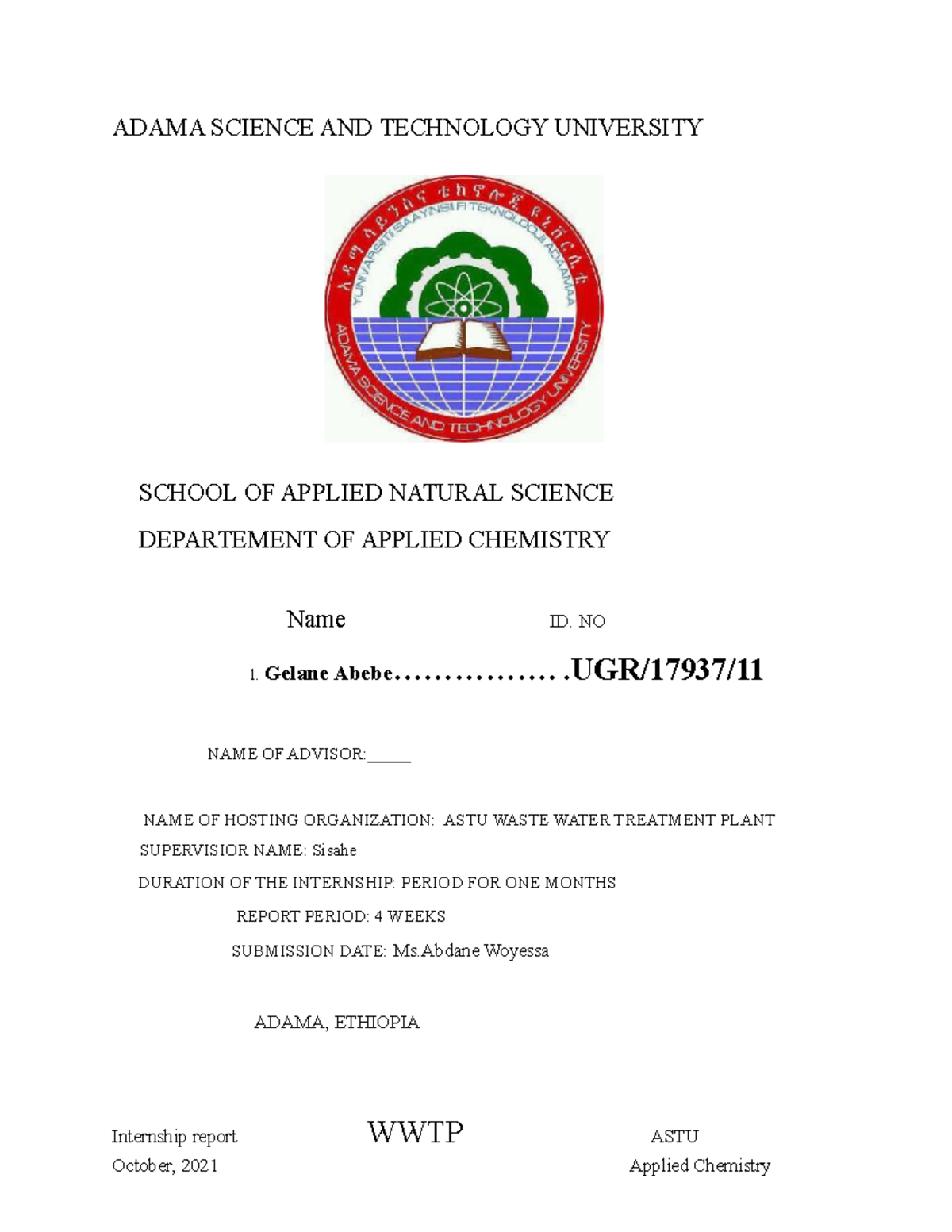 Internship - ADAMA SCIENCE AND TECHNOLOGY UNIVERSITY SCHOOL OF APPLIED NATURAL SCIENCE ...