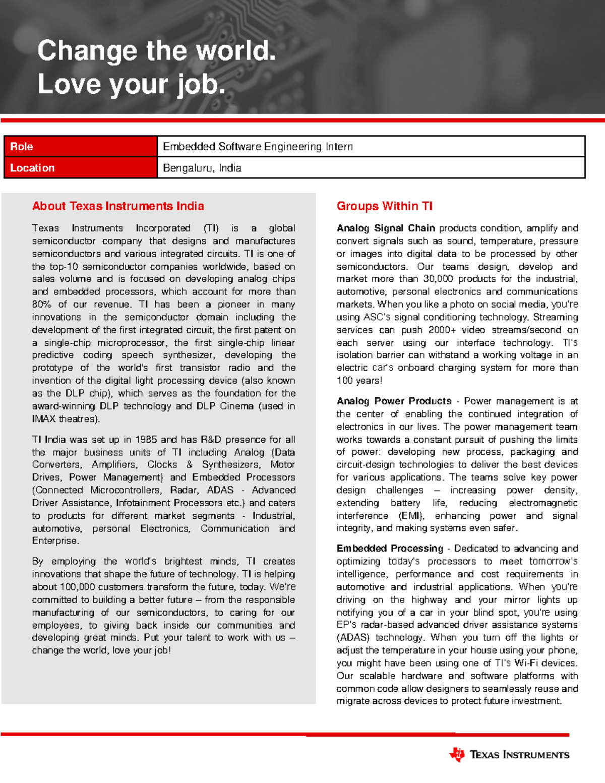 JD Embedded Software Intern - Change the world. Love your job. Role Embedded Software ...