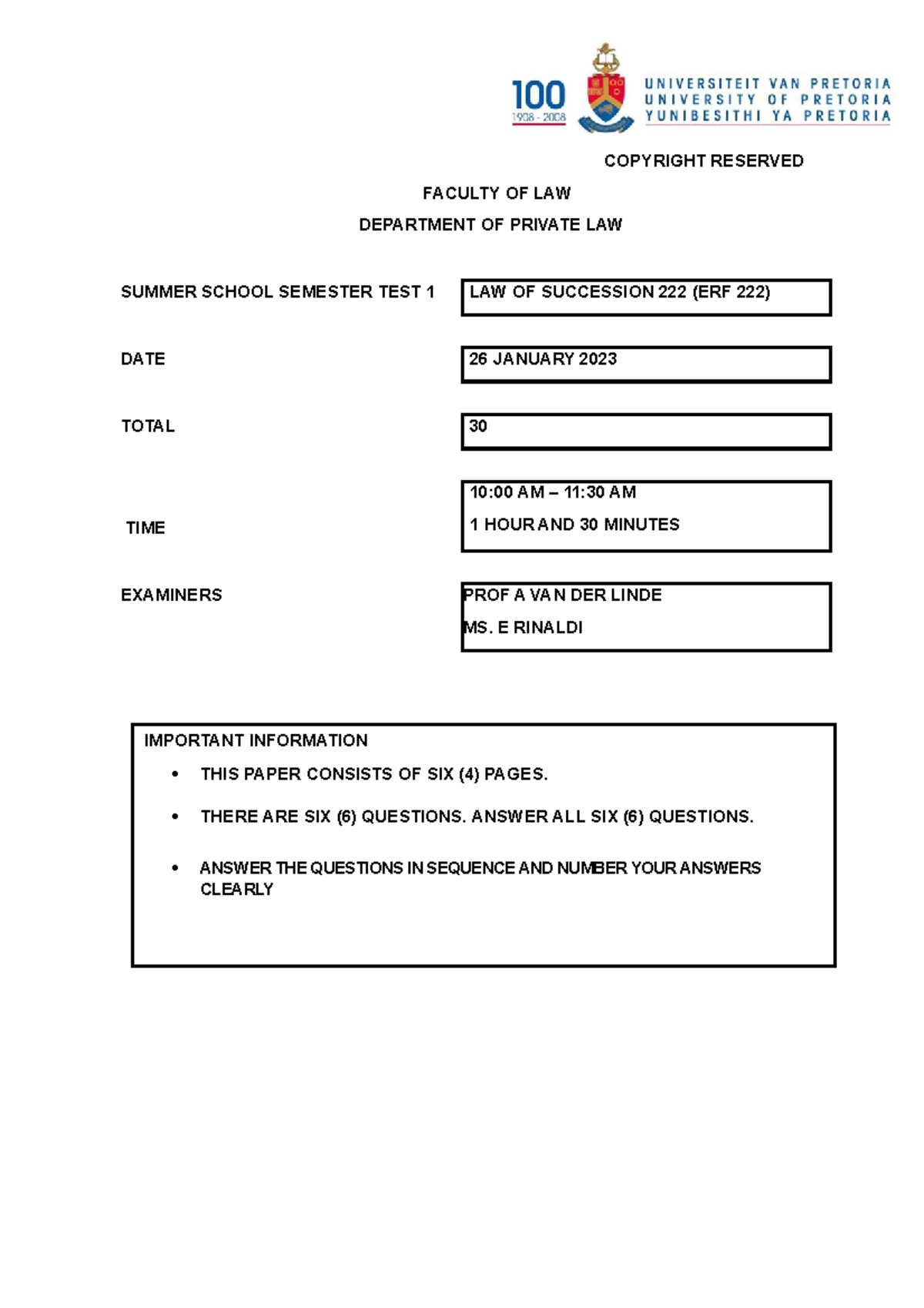 Summer school test 1-1 - COPYRIGHT RESERVED FACULTY OF LAW DEPARTMENT ...