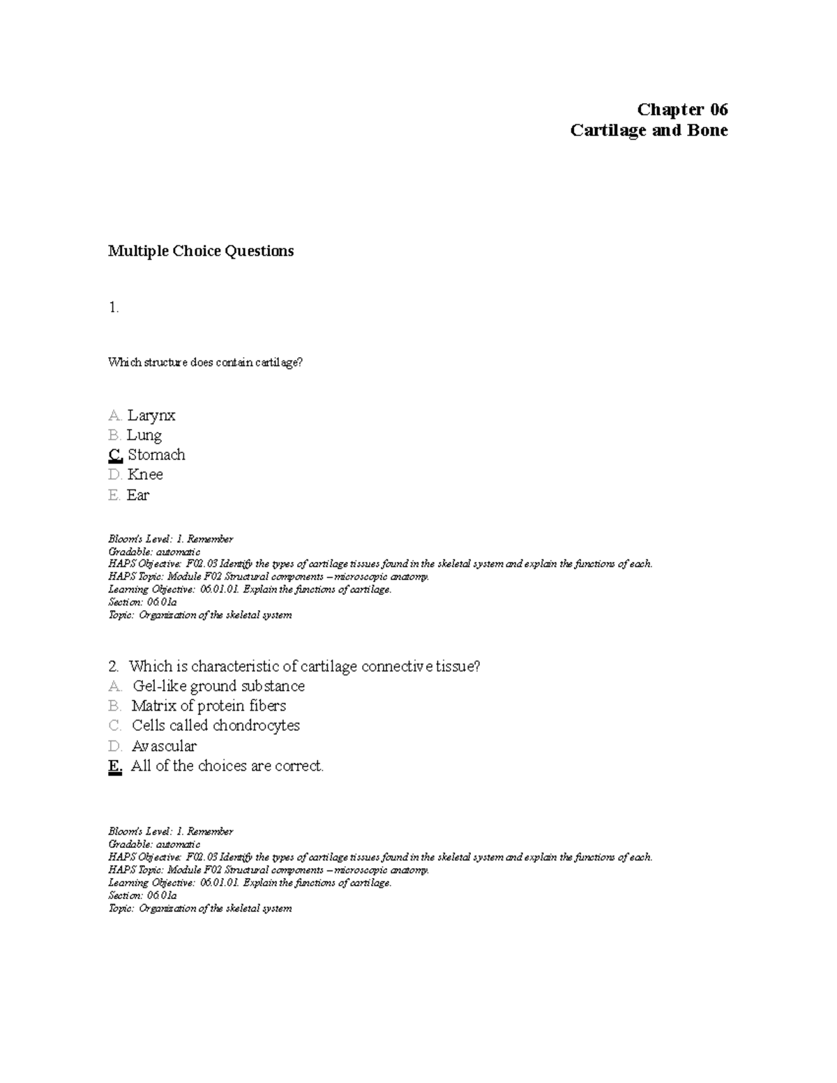 Chap006 - anatomy - Chapter 06 Cartilage and Bone Multiple Choice ...
