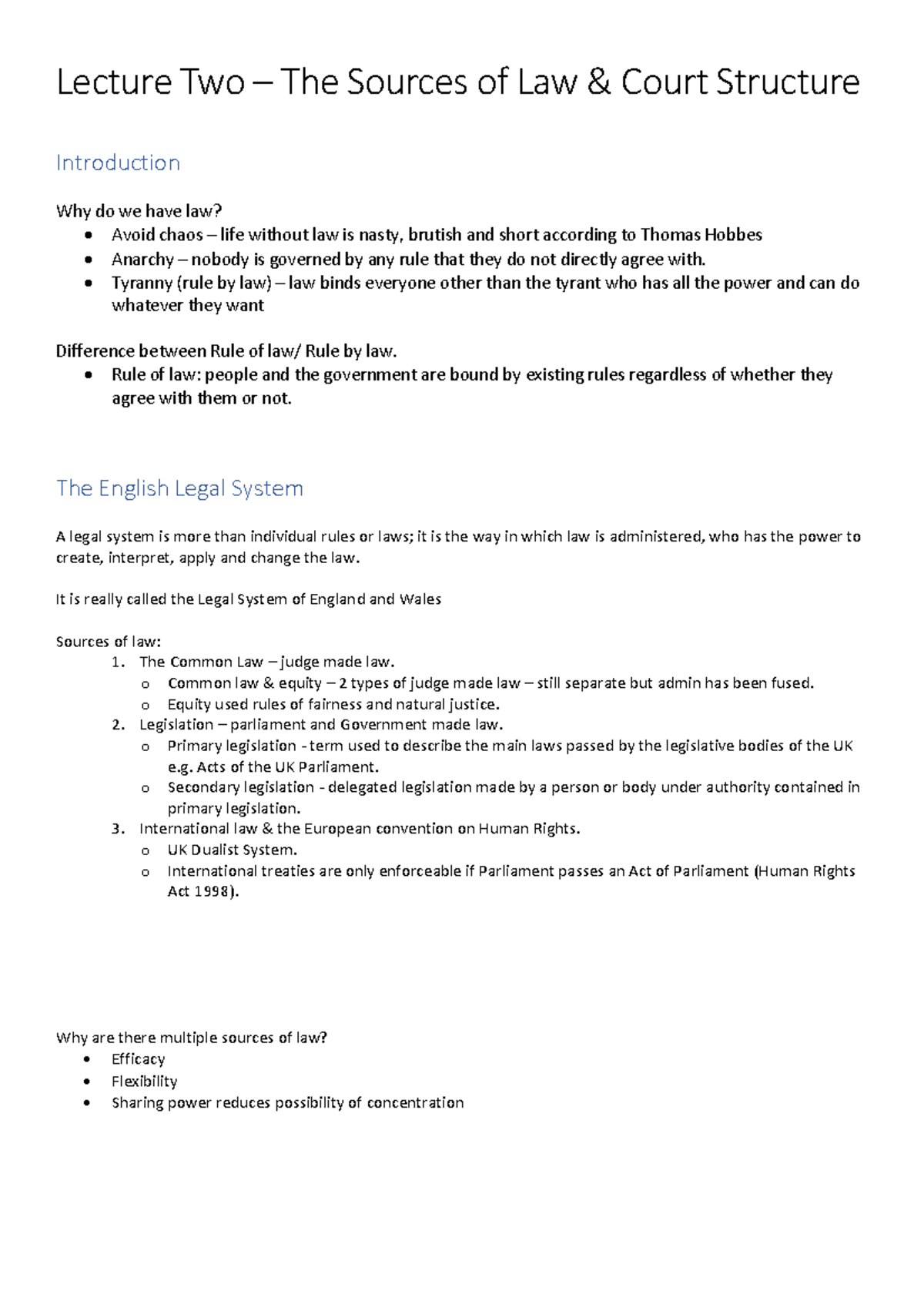 The Sources of Law & Court Structure notes - Lecture Two – The Sources ...