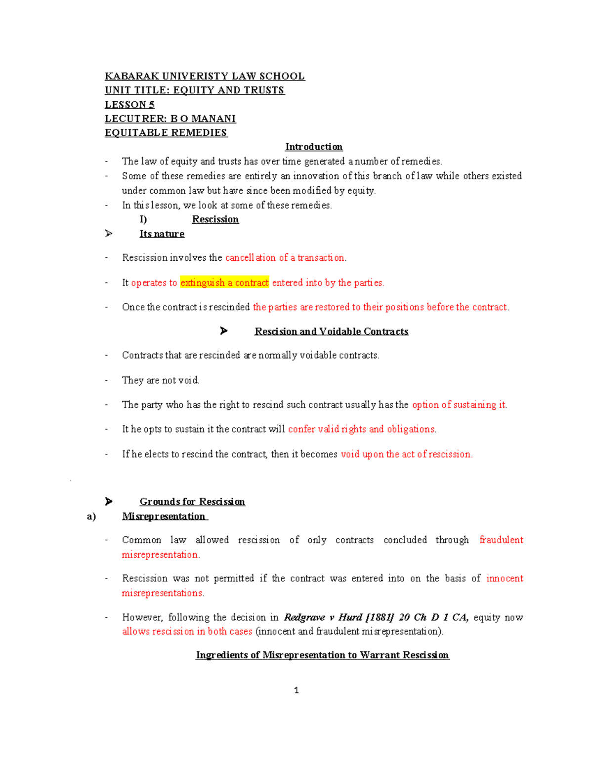 Lesson 5 Lecture Notes - KABARAK UNIVERISTY LAW SCHOOL UNIT TITLE ...