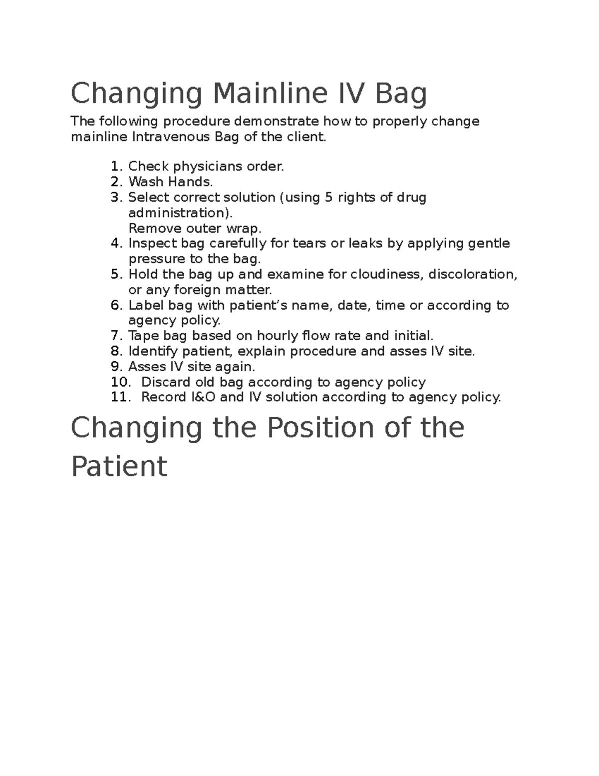 Changing Mainline IV Bag - Check physicians order. Wash Hands. Select ...