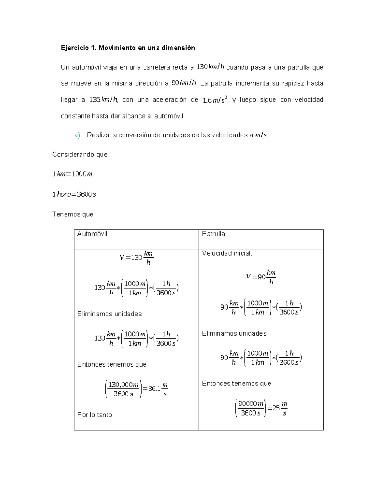 Cinematica ej 1 - ejercicio - Ejercicio 1. Movimiento en una dimensión ...