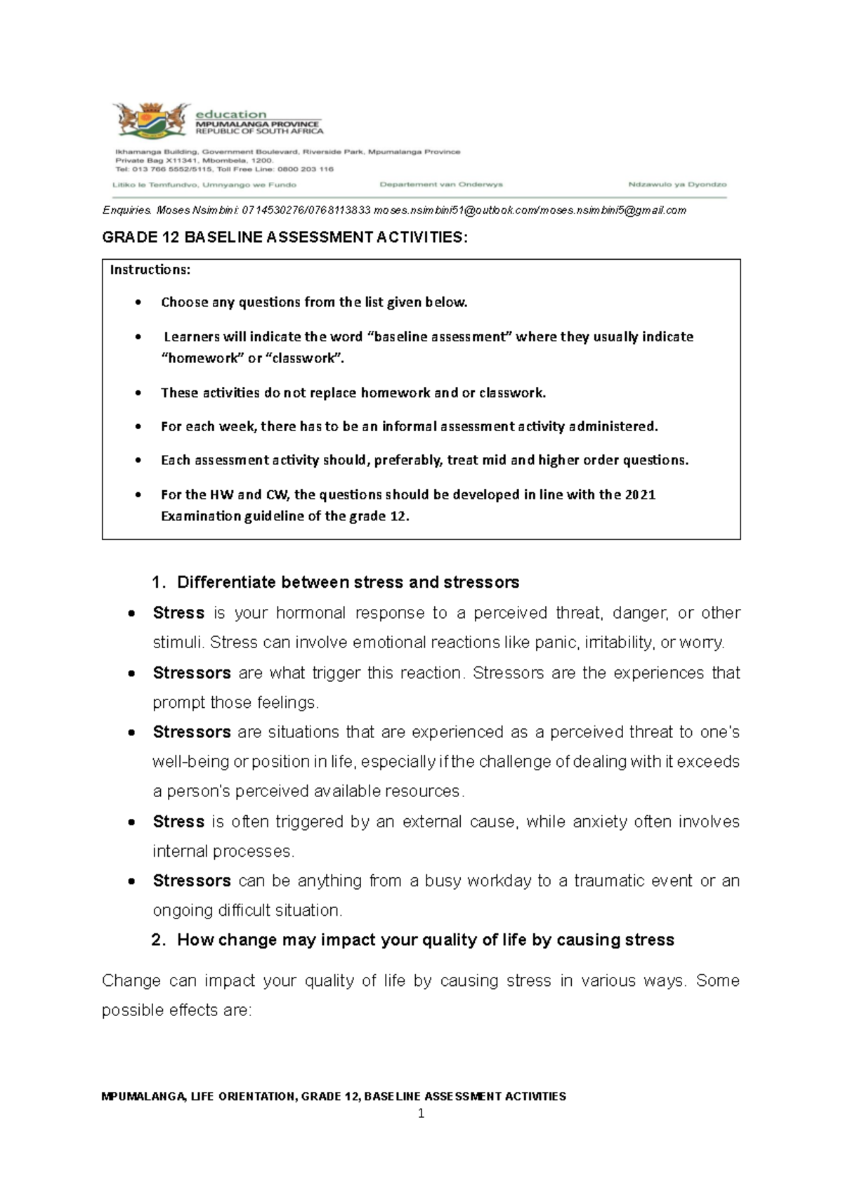 2024 Grade 12 Baseline Assessment Activities - MPUMALANGA, LIFE ...