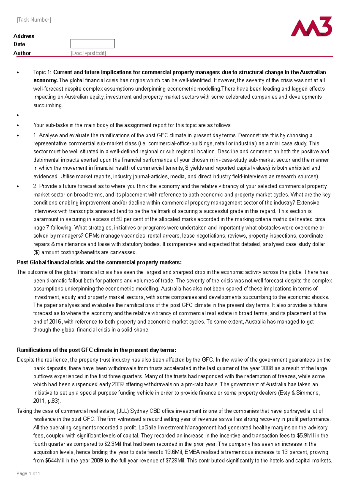 CPM - report for CPM - [Task Number] Address Date Author [DocTypistEdit] Topic 1: Current and ...