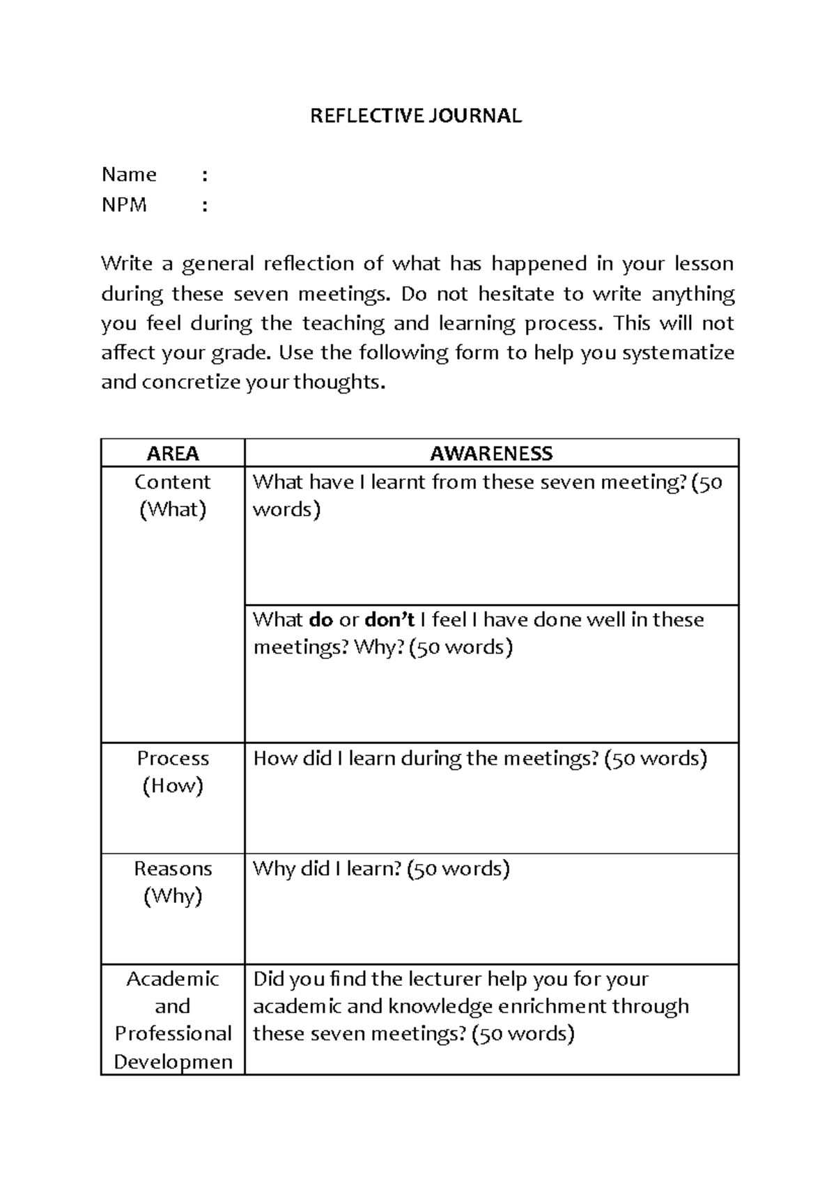 Practical Reflective Journal - REFLECTIVE JOURNAL Name : NPM : Write a ...