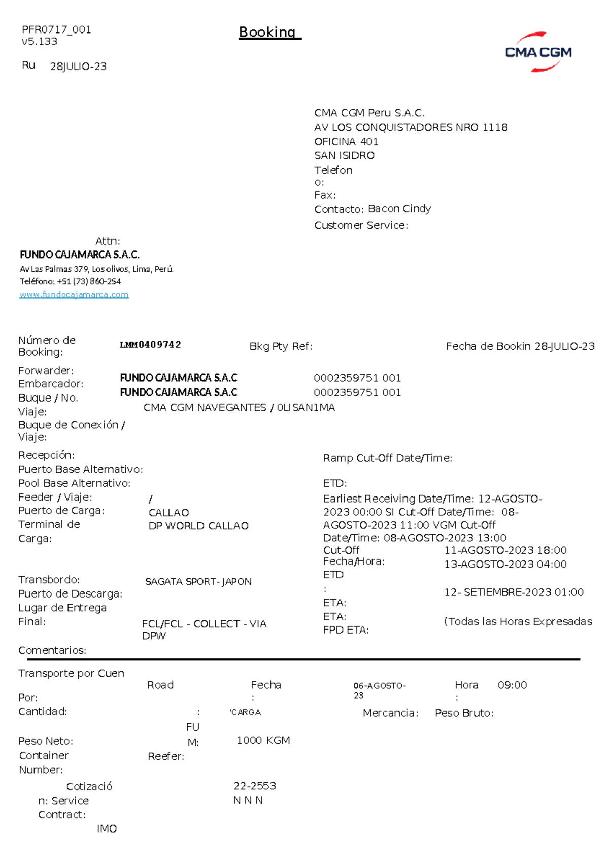 Booking LMM0409742 Grupo 3 - Booking Confirmation v5. Págin 1 de 3 Ru n ...