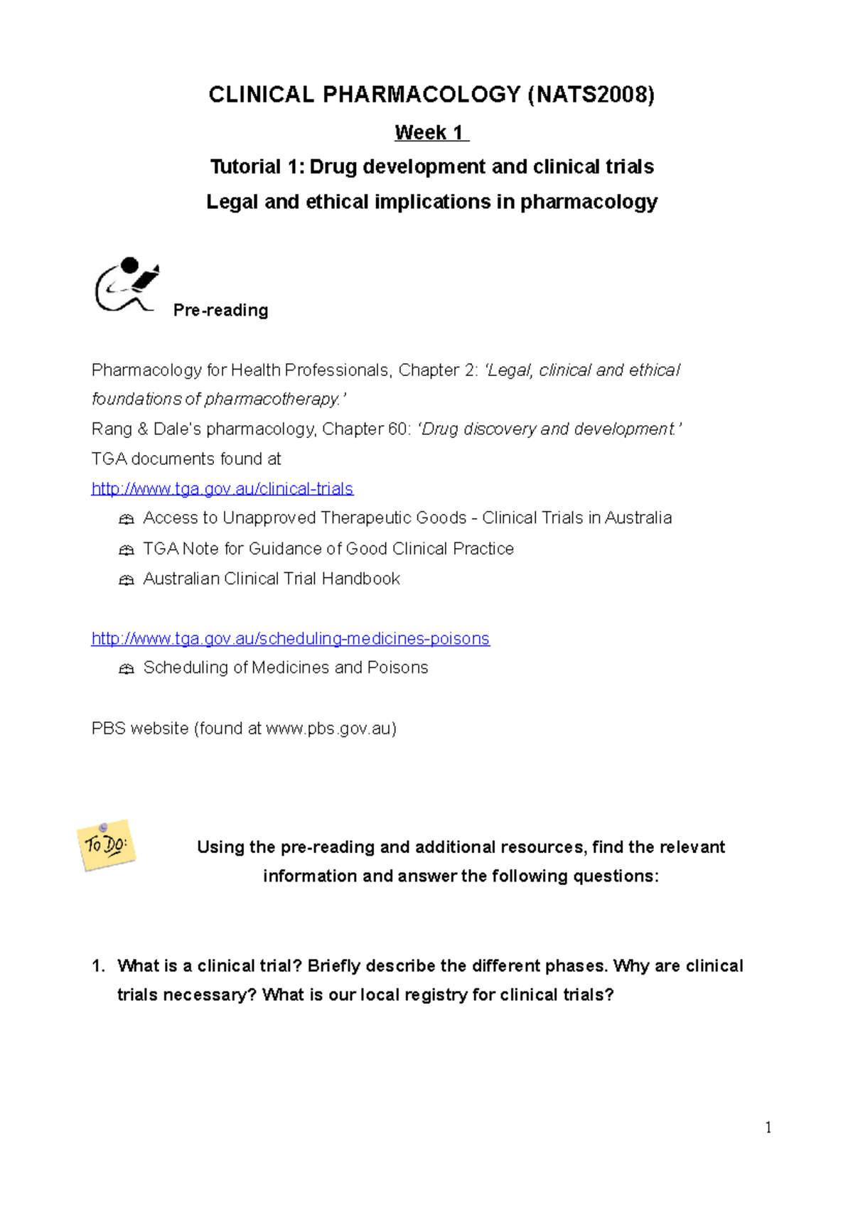 Week 1 Clinical Pharmacology (NATS2008 ) Tutorial Worksheet - CLINICAL ...