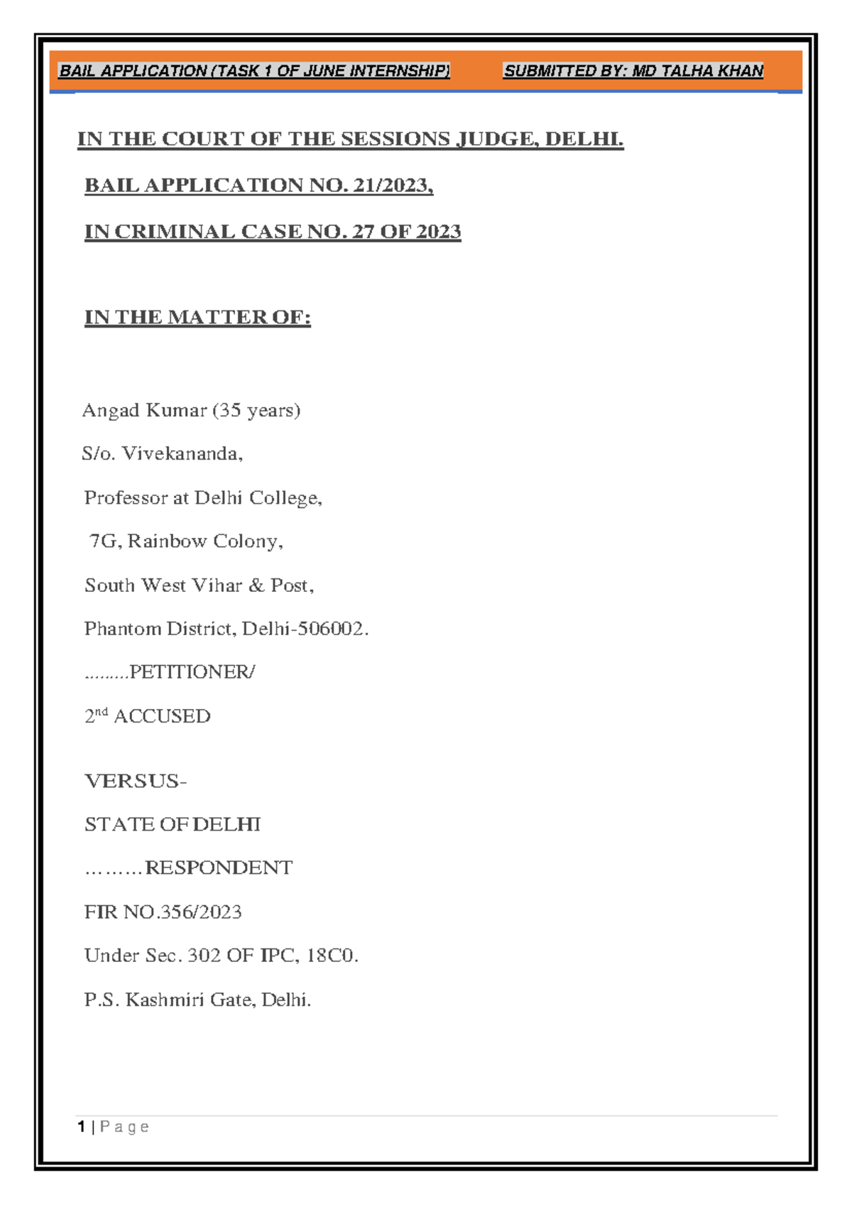 BAIL Application - IN THE COURT OF THE SESSIONS JUDGE, DELHI. BAIL ...