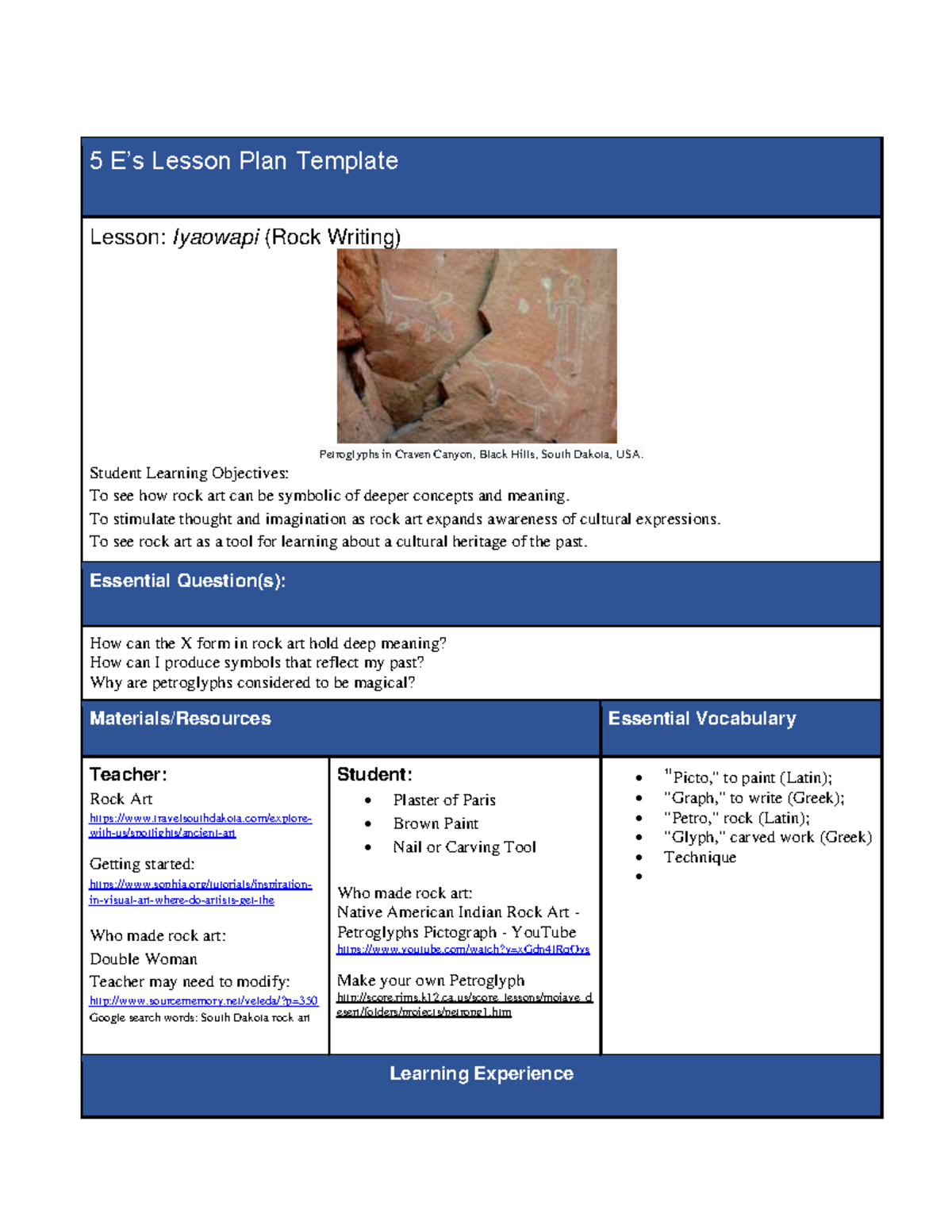 13 Iyaowapi Rock Writing - 5 E’s Lesson Plan Template Lesson: Iyaowapi ...