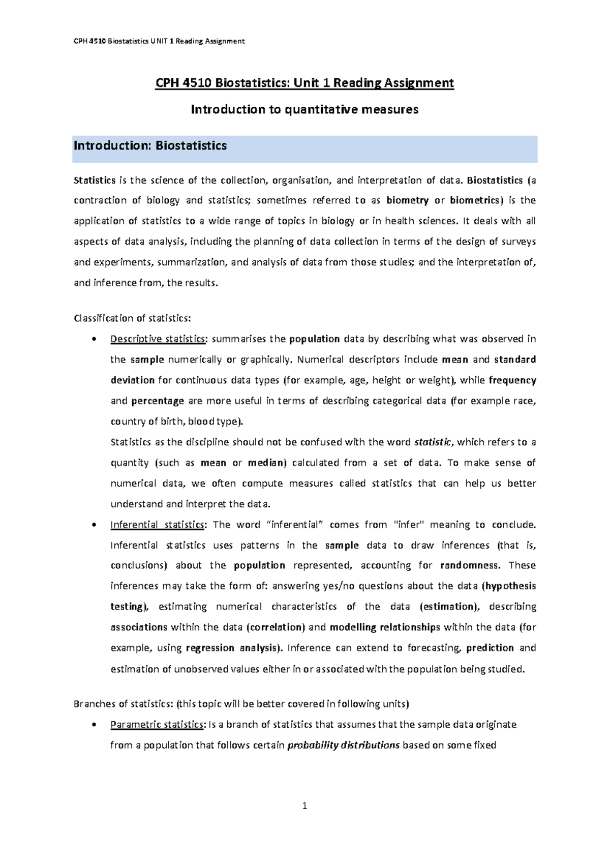 Unit 1 CPH 4510 Biostatistics Reading Assignment - CPH 4510 Biostatistics: Unit 1 Reading ...