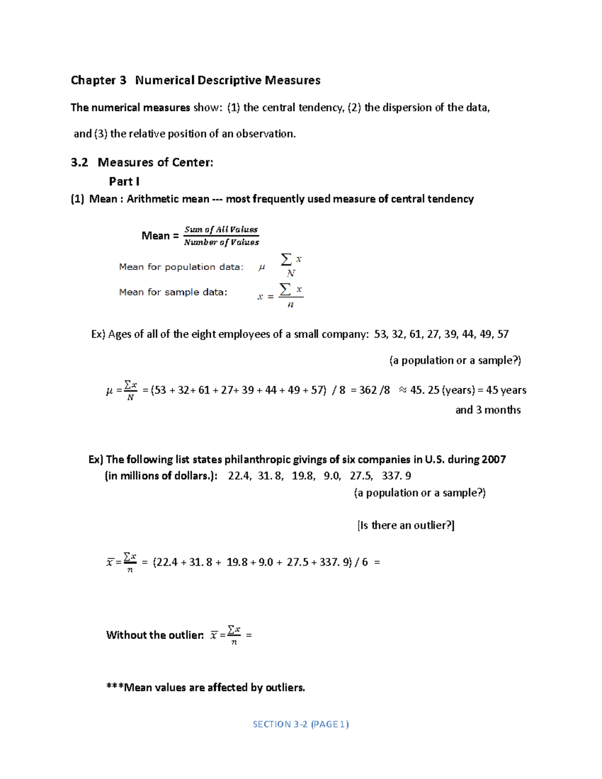 Class Lecture 3-2 - Chapter 3 Numerical Descriptive Measures The numerical measures show: (1 ...
