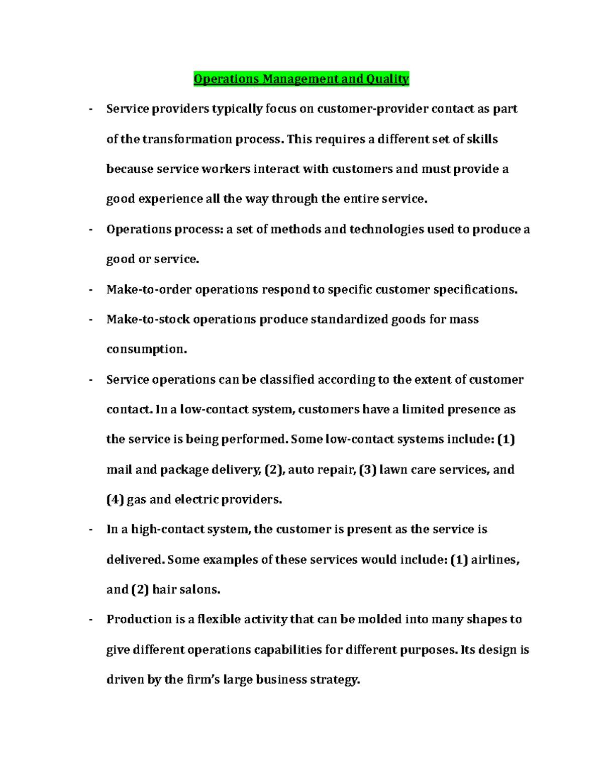 Business Part 3 - Operations Management and Quality Service providers ...