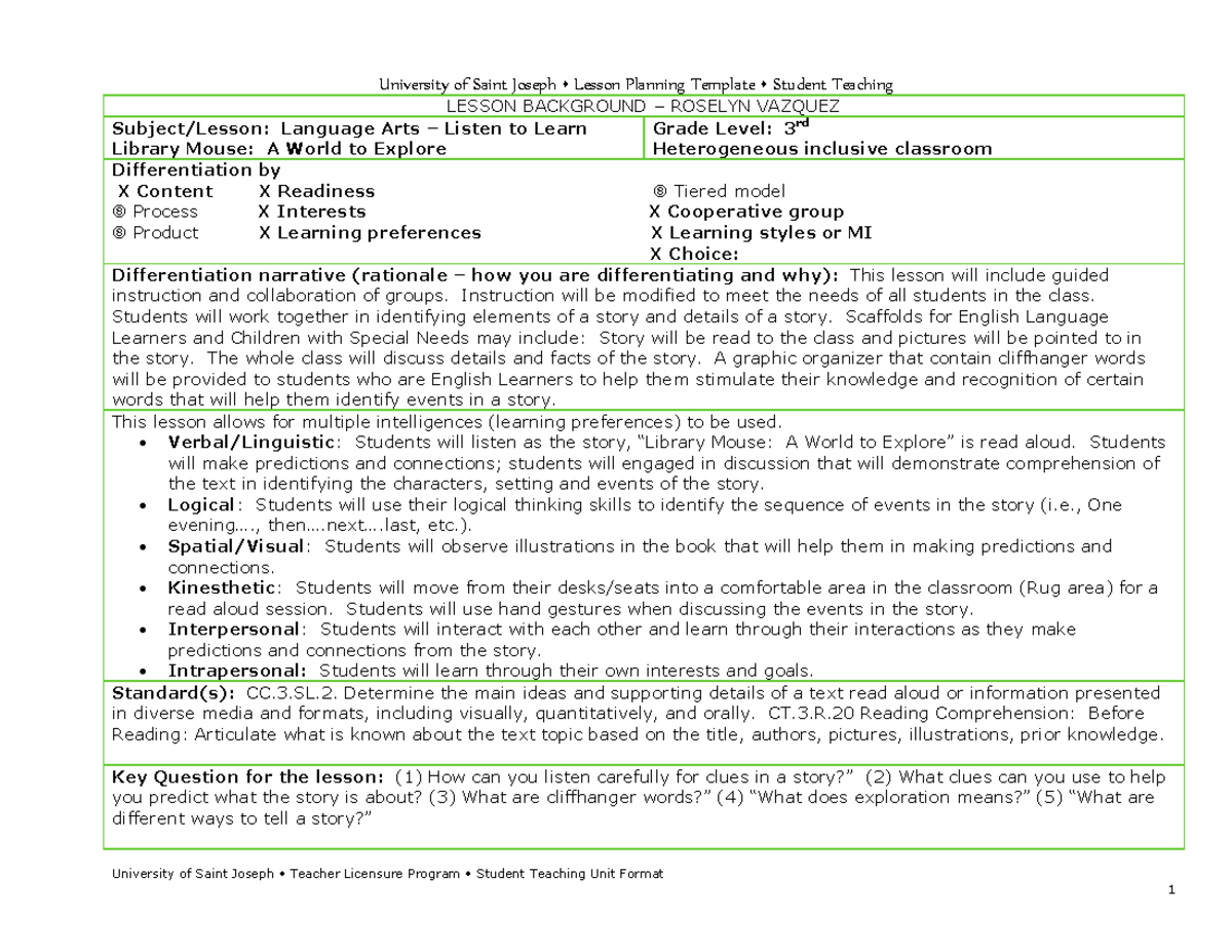 1 - library mouse lesson plan - University of Saint Joseph • Teacher ...