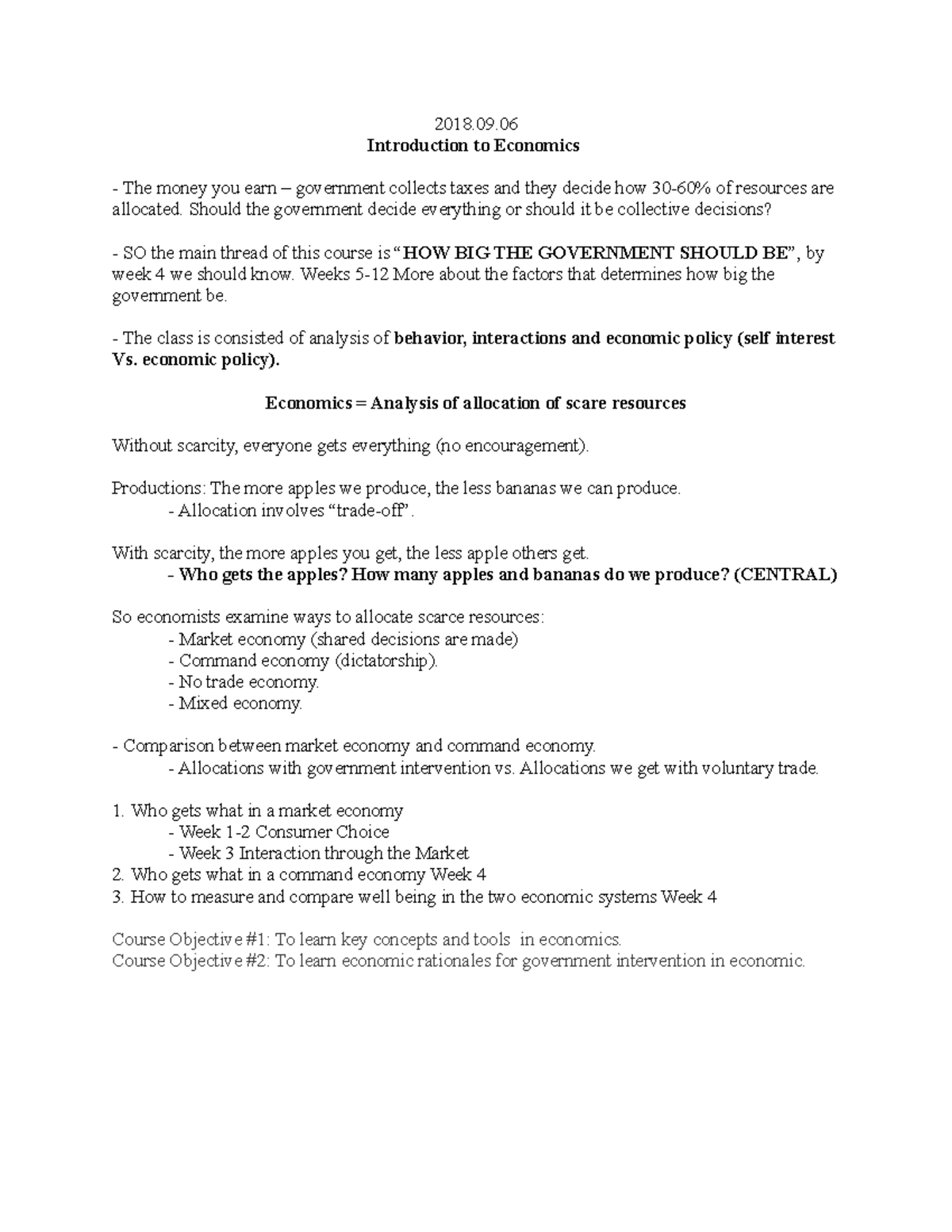 Economics - Lecture notes 1-2 - 2018.09 Introduction to Economics - The ...