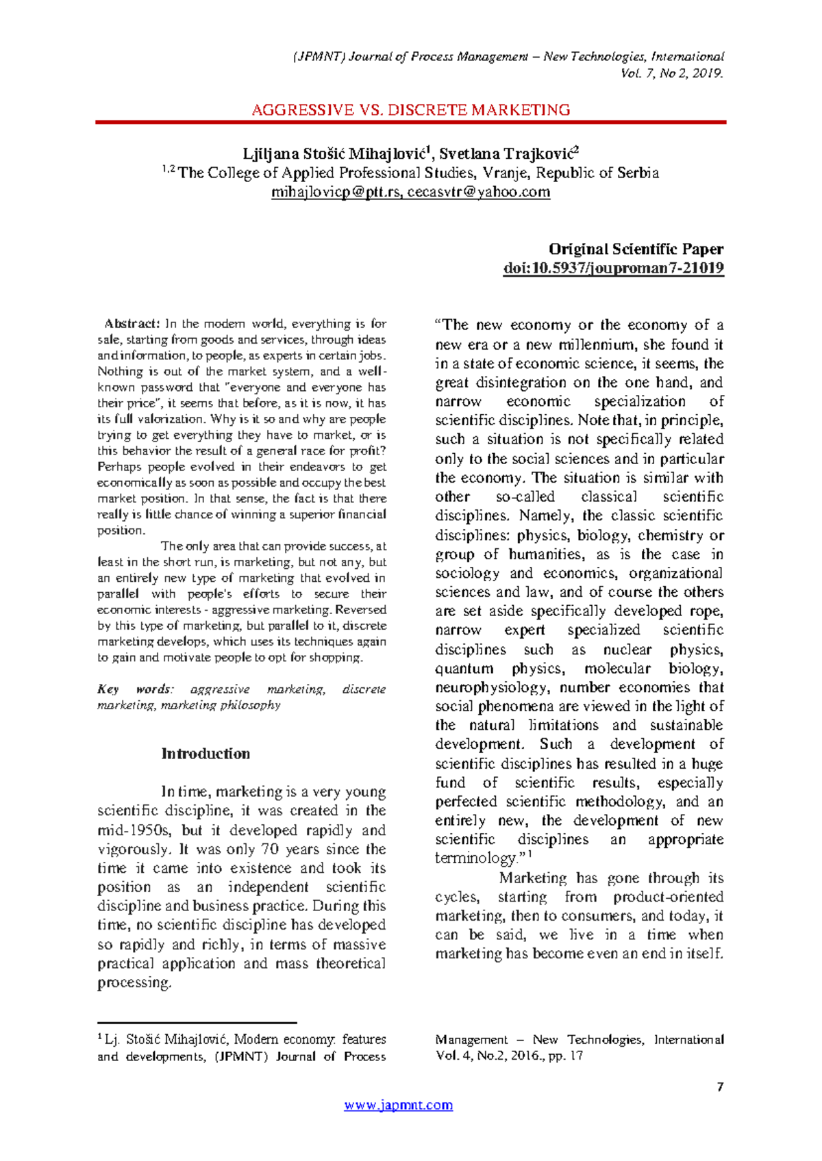 Aggressive vs discrete marketing - Vol. 7, No 2, 2019. 7 AGGRESSIVE VS ...