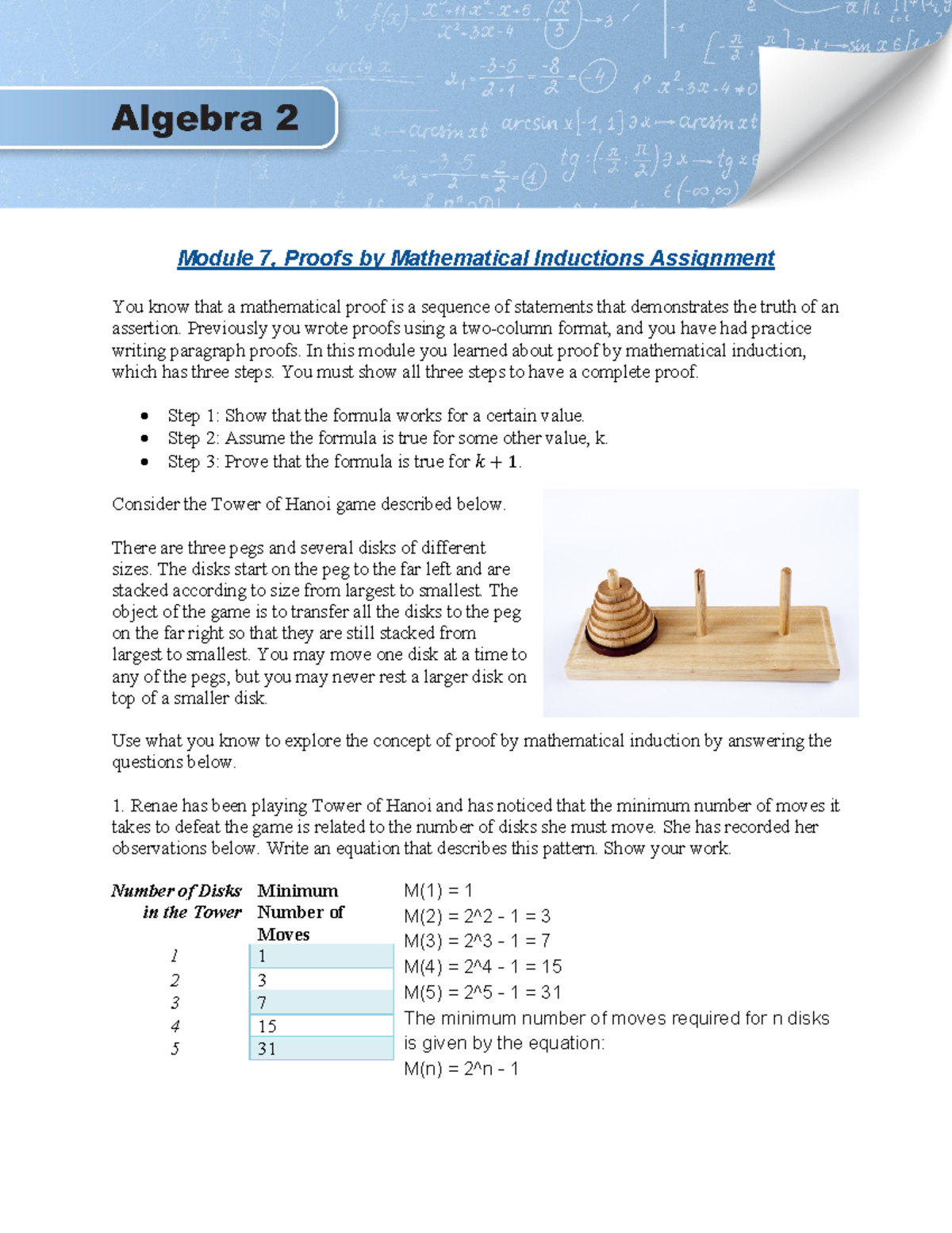 Alg2 M7 7 - Algebra 2 - Module 7, Proofs by Mathematical Inductions Assignment You know that a ...