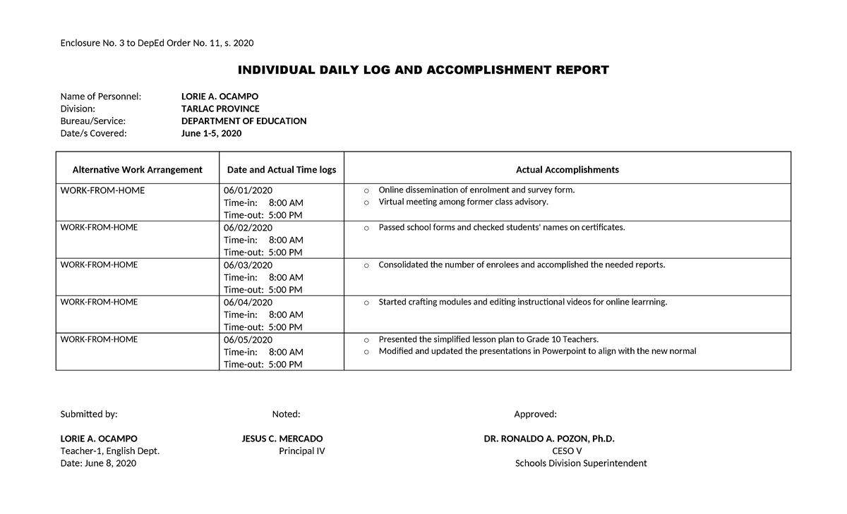 Individual Daily Log and Accomplishment Report - Enclosure No. 3 to ...