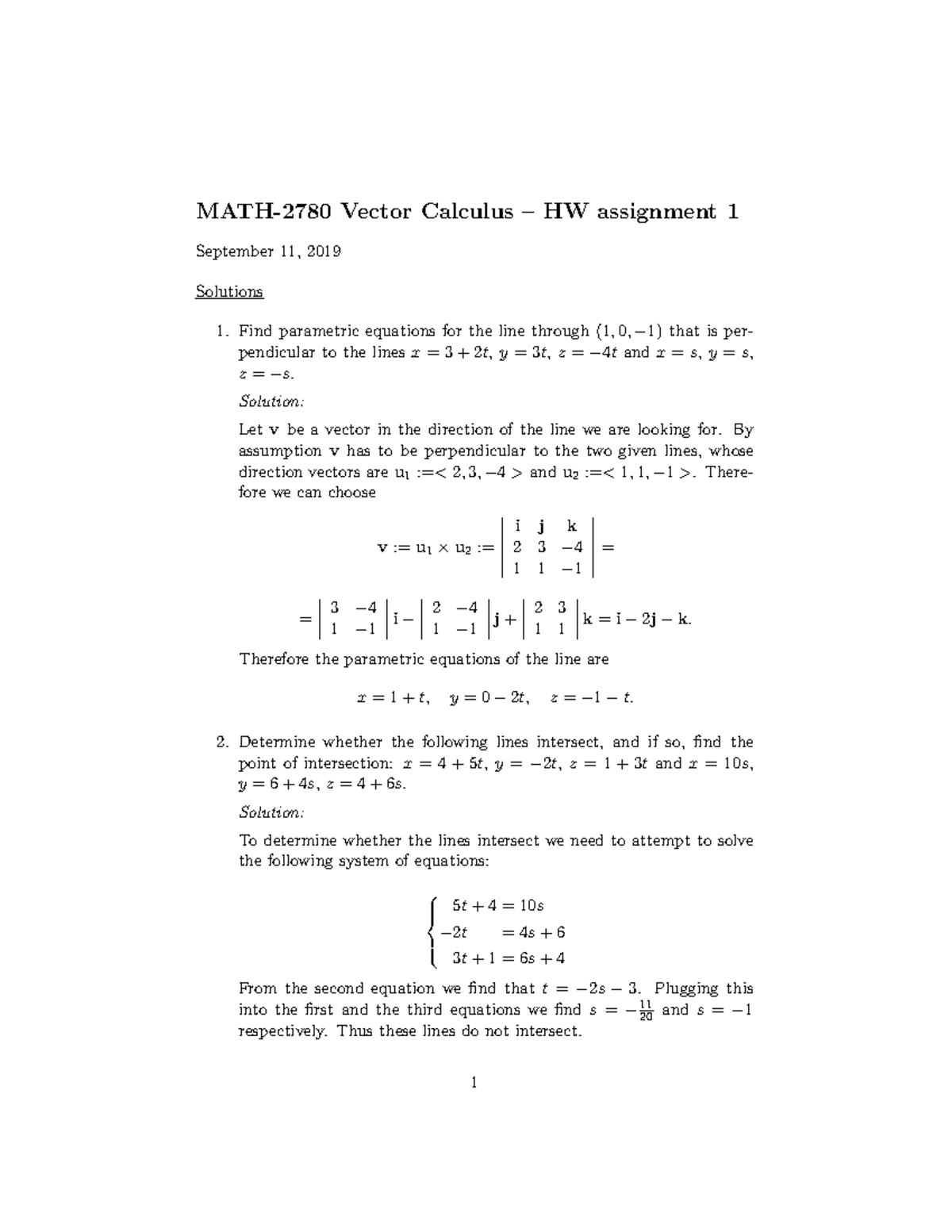 2019-09-11 HW 01 Solution - MATH-2780 Vector Calculus – HW assignment 1 September 11, 2019 ...