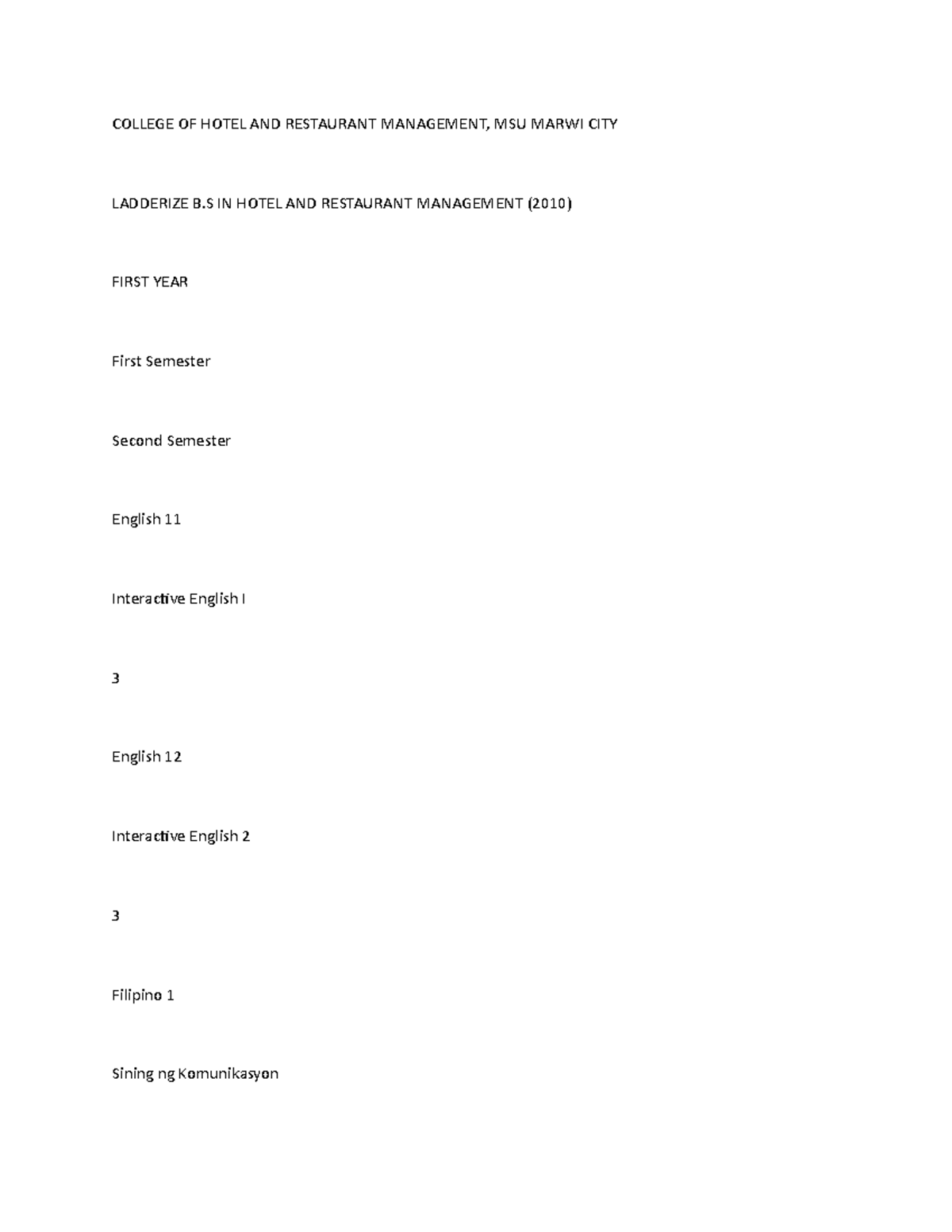 Charm Prospectus - Subject Description of the course Hotel and ...