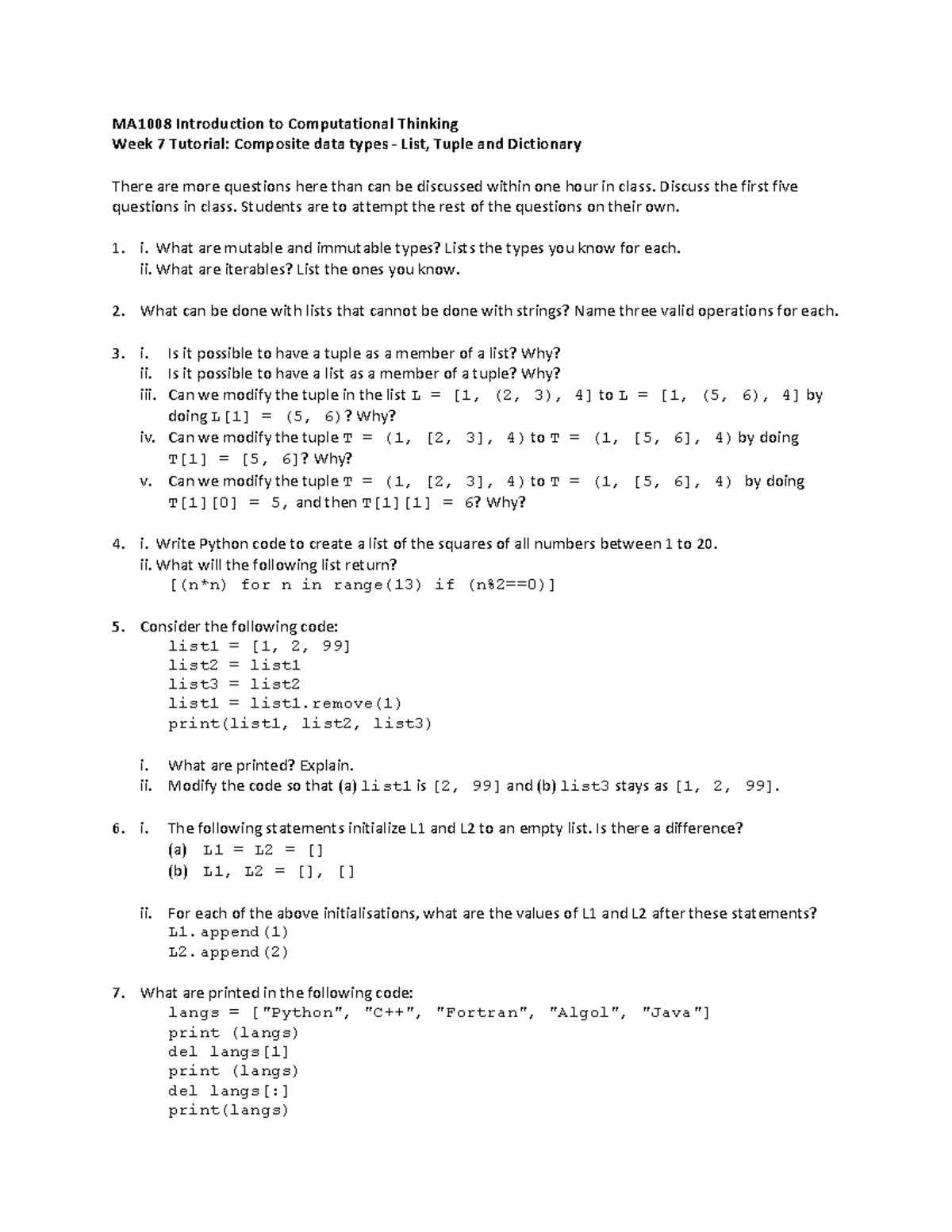 Week 7 Tutorial Composite Data Types Ma1008 Introduction To Computational Thinking Week 7