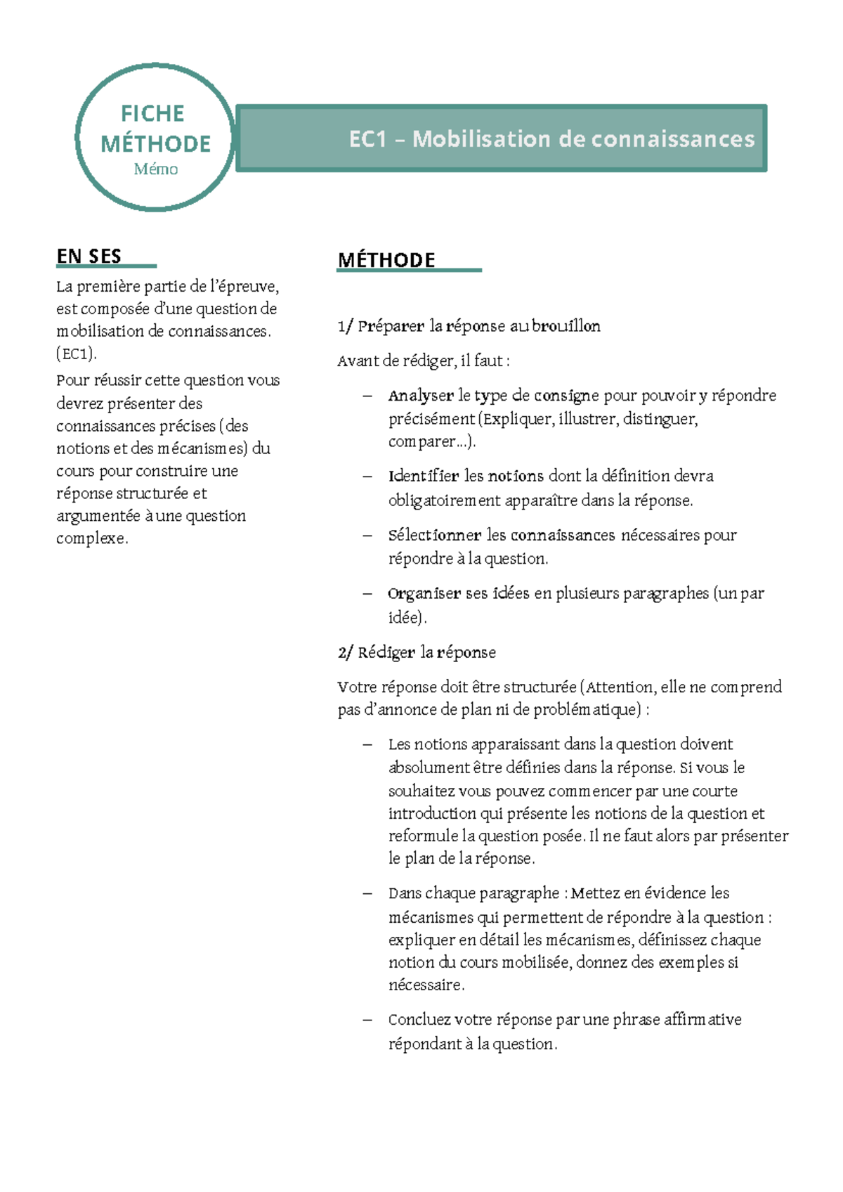 Memo EC1 - Méthode bac SES - EN SES La première partie de l’épreuve, est composée d’une question ...