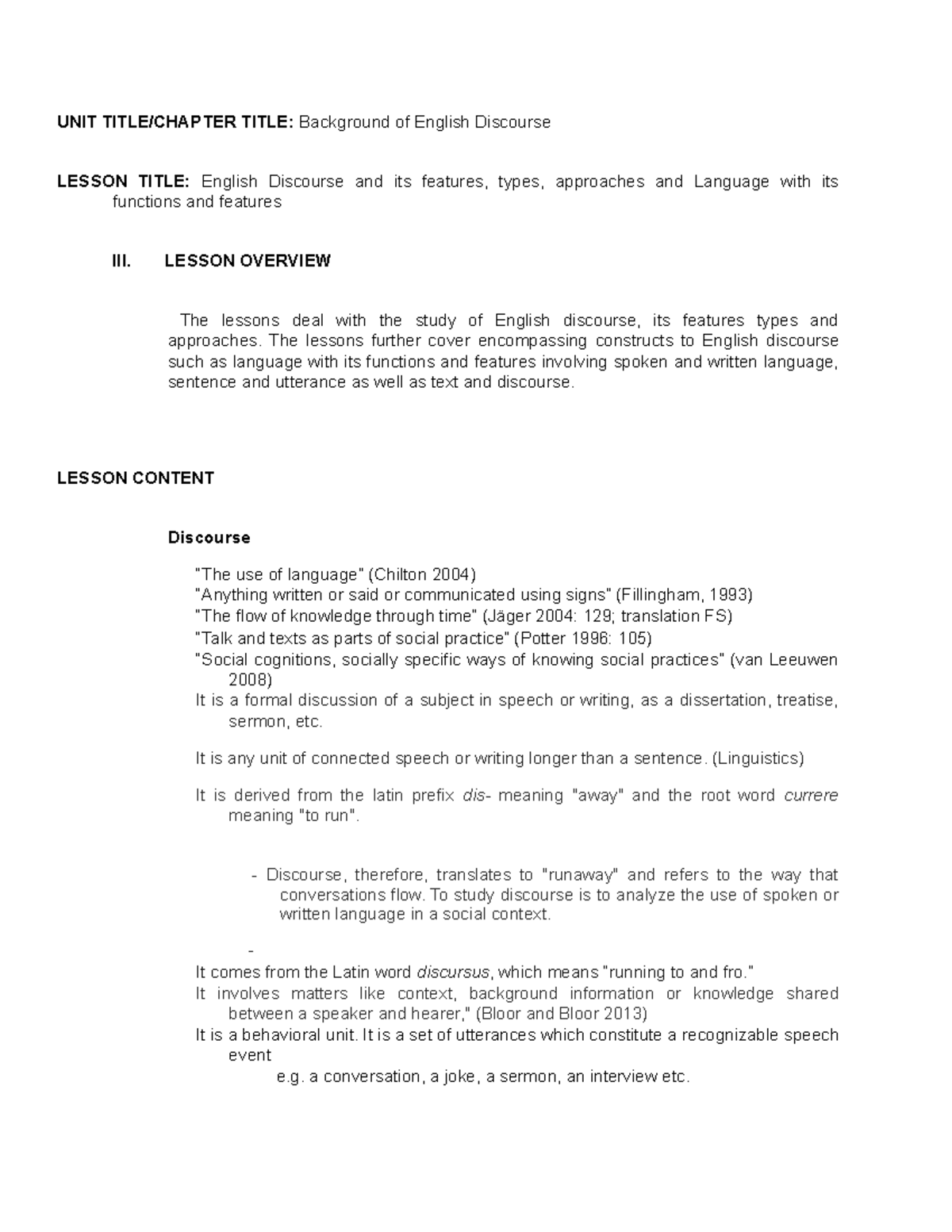 English Discourse 1 - For educational purposes - UNIT TITLE/CHAPTER ...