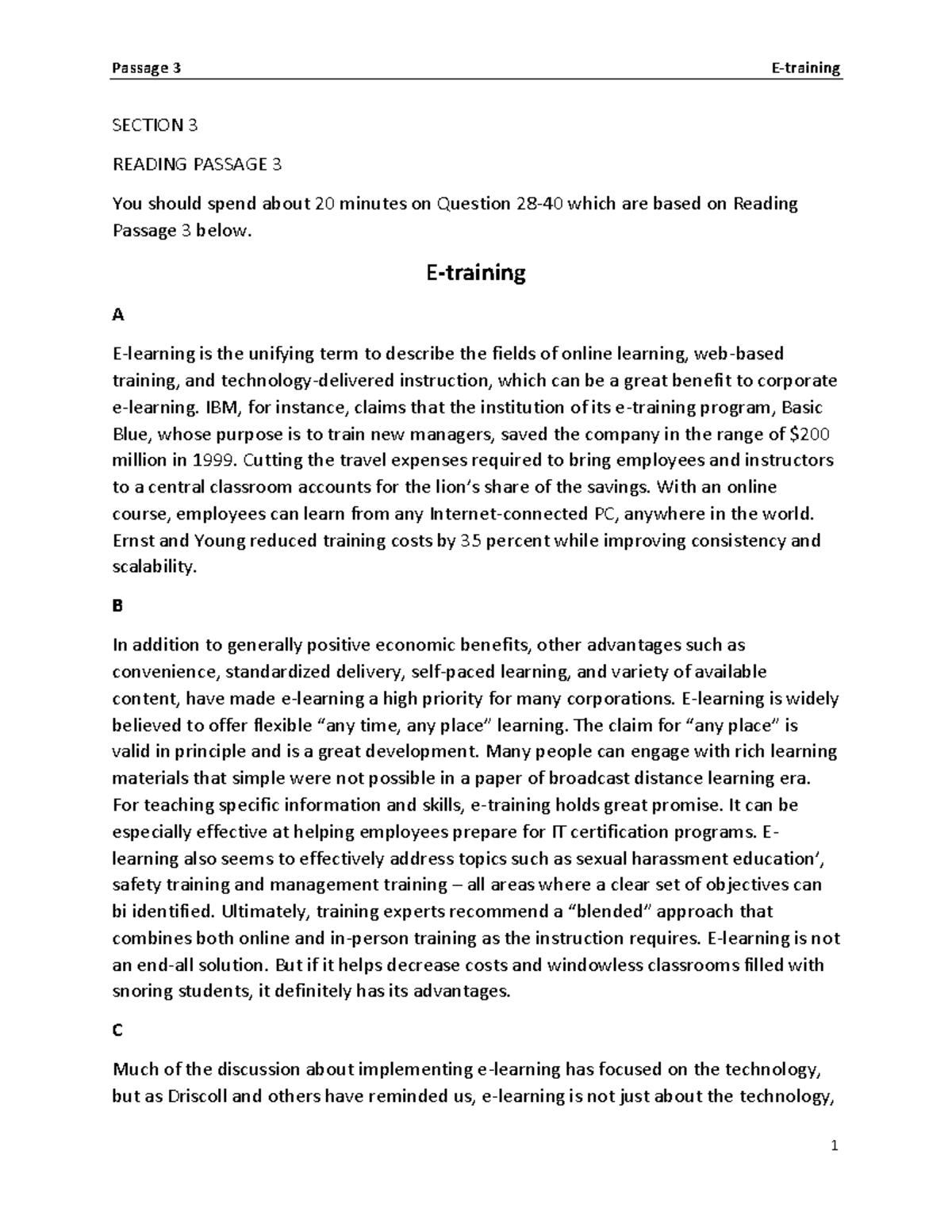 Passage 3 - E-training Q28-40 - SECTION 3 READING PASSAGE 3 You should ...