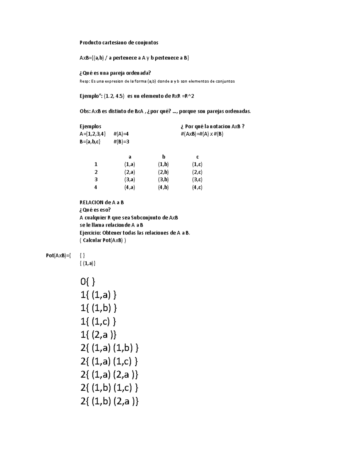 Apuntes Algebra - Producto cartesiano de conjuntos AxB={(a,b) / a ...