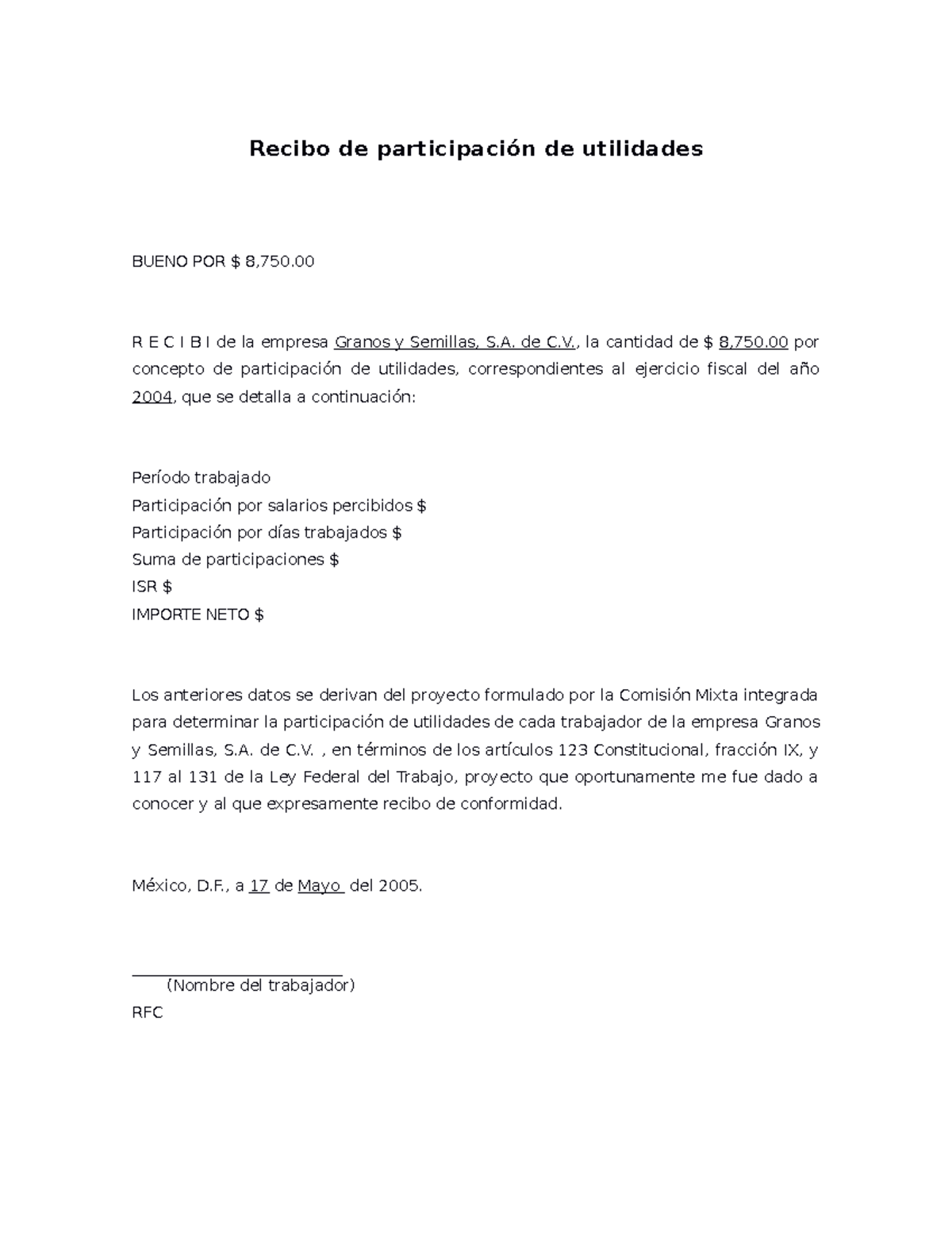 recibo pago ptu - Recibo de participación de utilidades BUENO POR ...