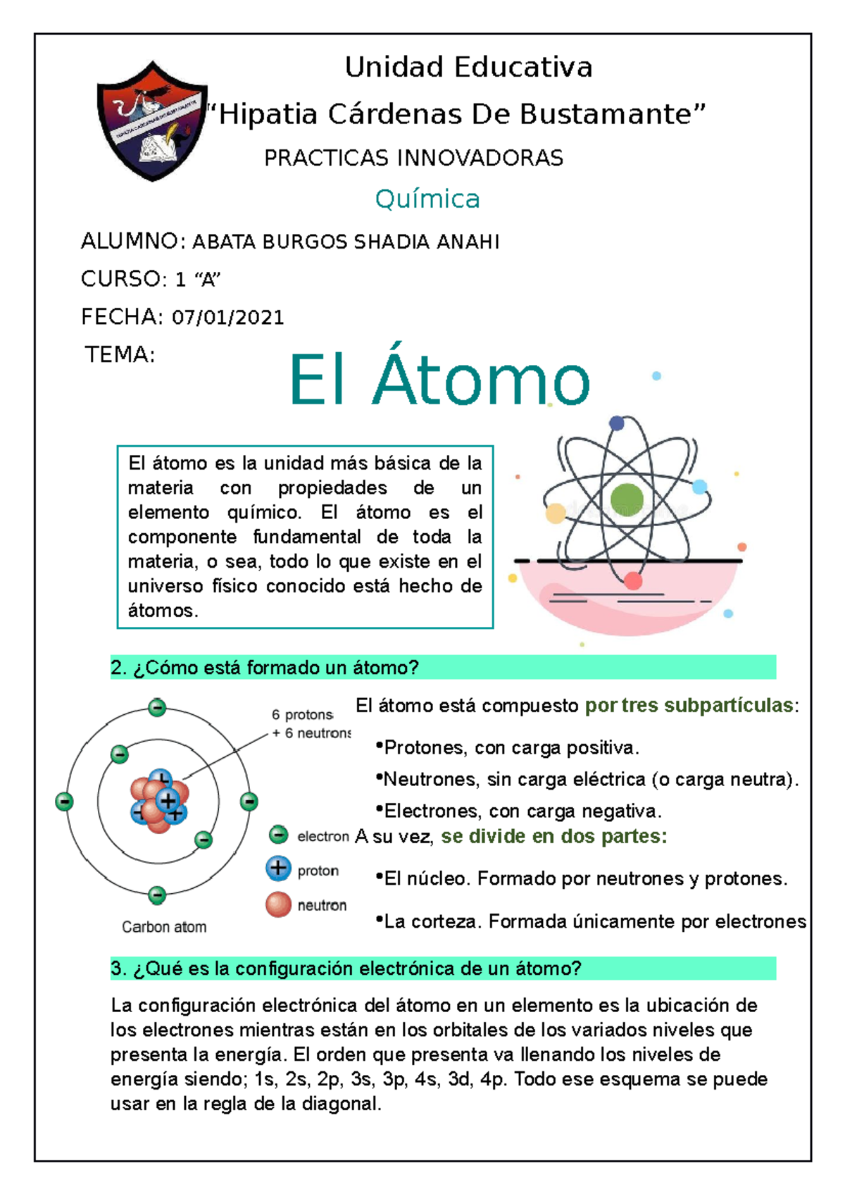 El átomo - El átomo características - Unidad Educativa “Hipatia ...