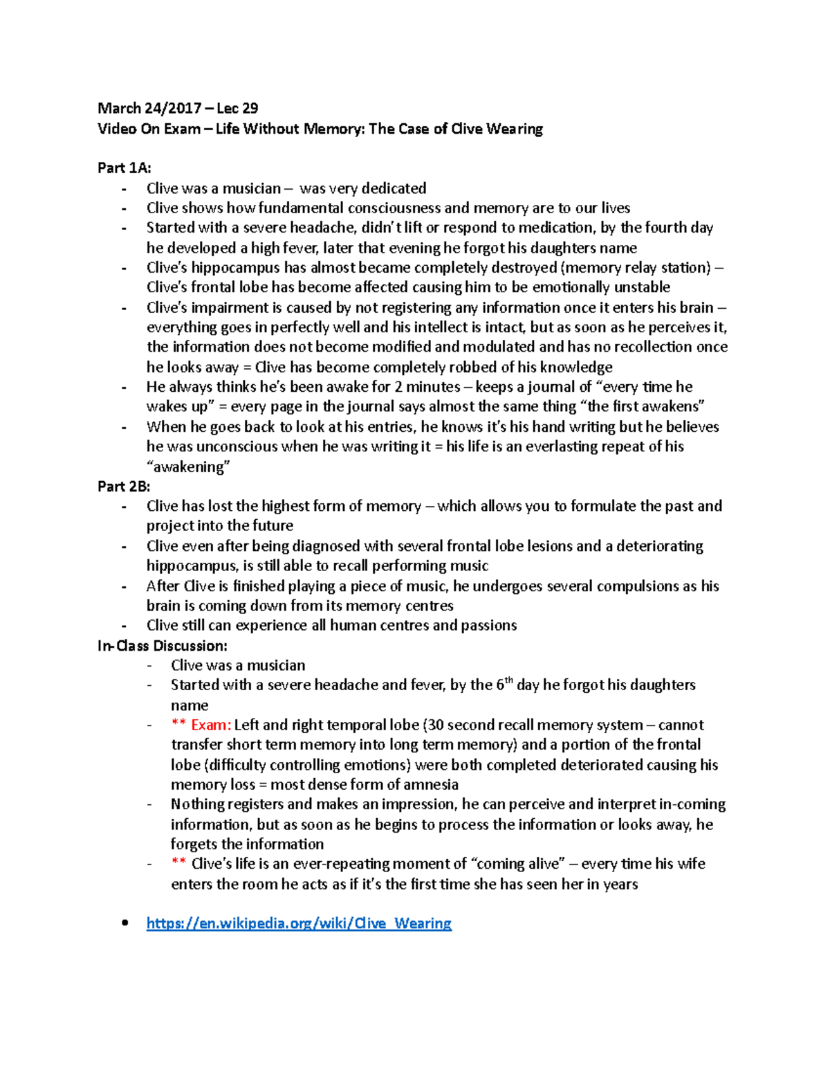 Life Without Memory - The Case of Clive Wearing - March 24/2017 – Lec ...