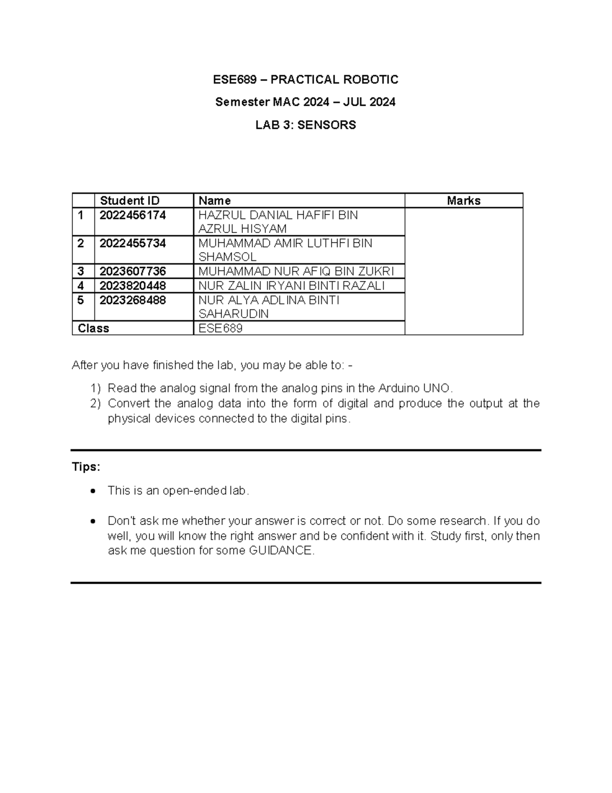 Lab 3 - Ultrasonic Sensor - ESE689 – PRACTICAL ROBOTIC Semester MAC 2024 – JUL 2024 LAB 3 ...