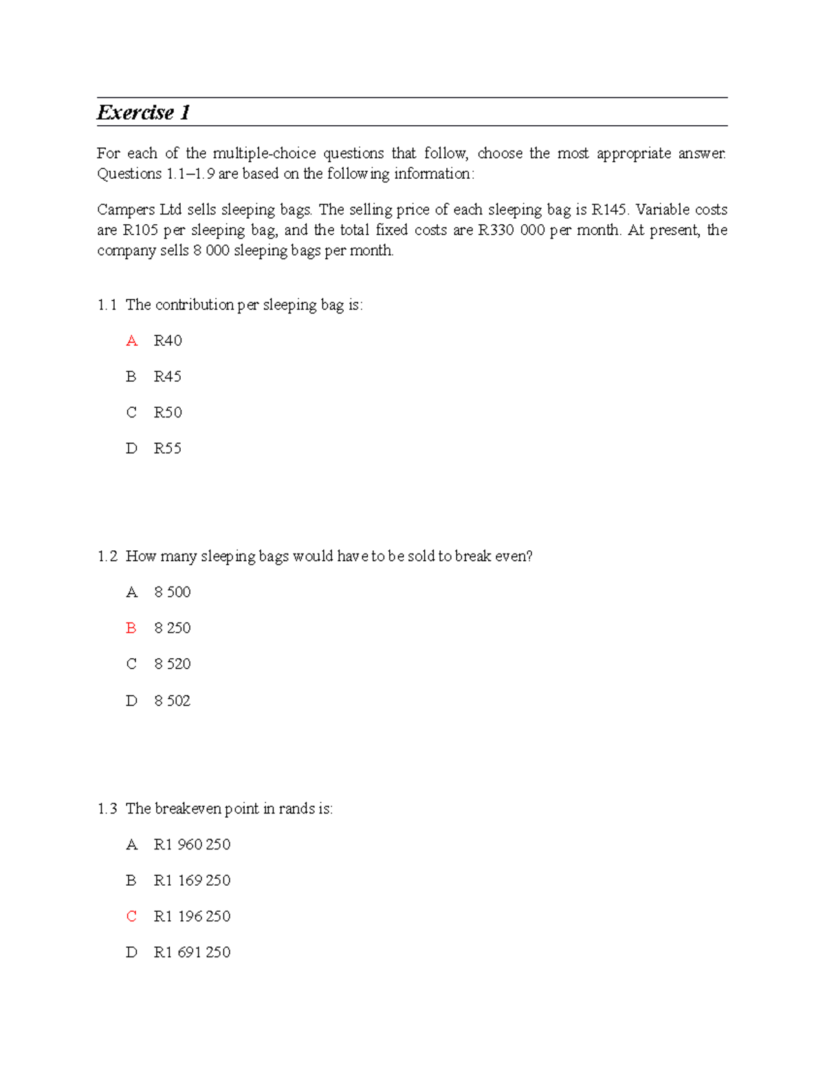 CVP-Classworks - Class works - Exercise 1 For each of the multiple ...
