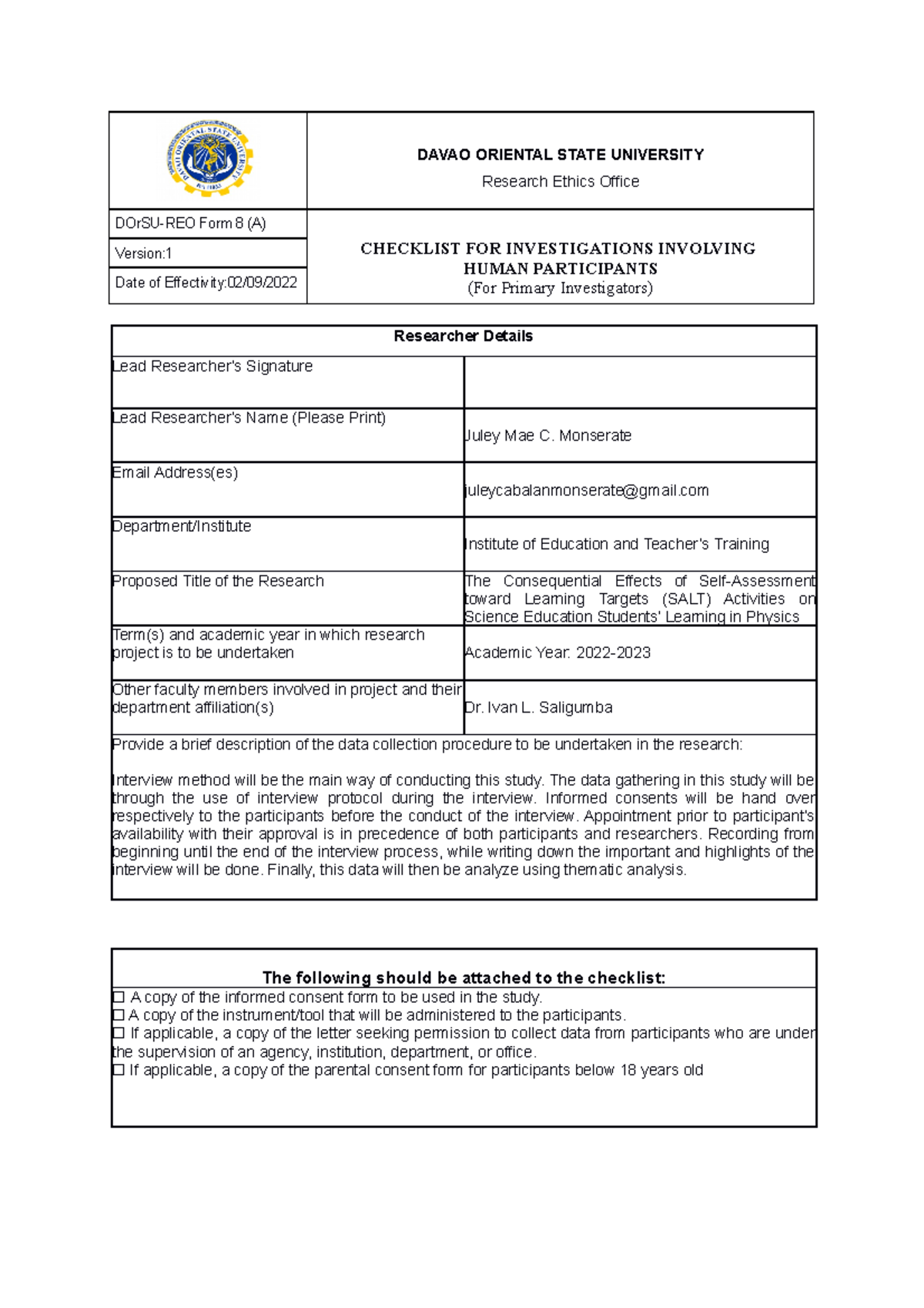 Form 8 A Checklist FOR Investigations Involving - DAVAO ORIENTAL STATE ...