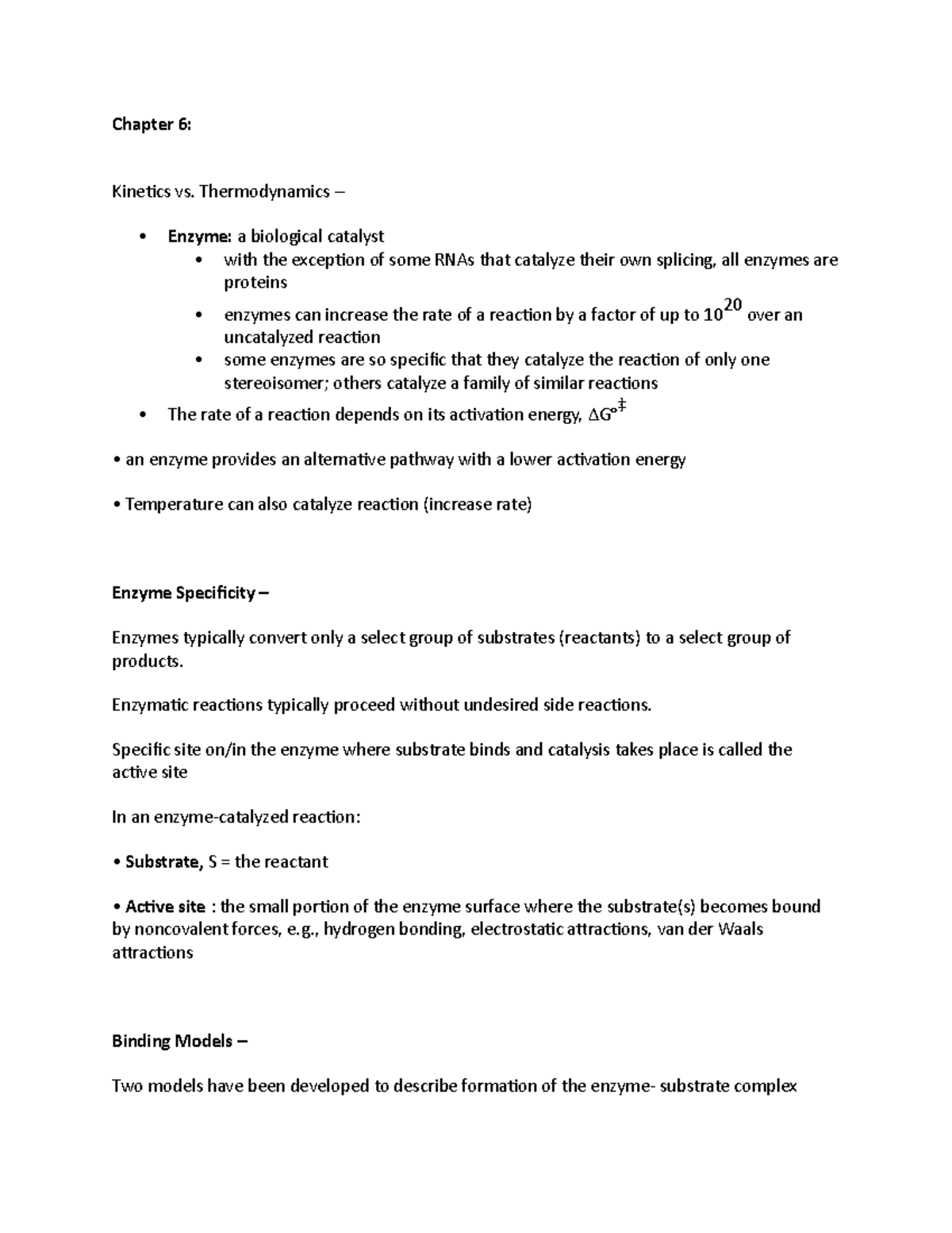 Chapter 6 notes - Chapter 6: Kinetics vs. Thermodynamics – Enzyme: a ...
