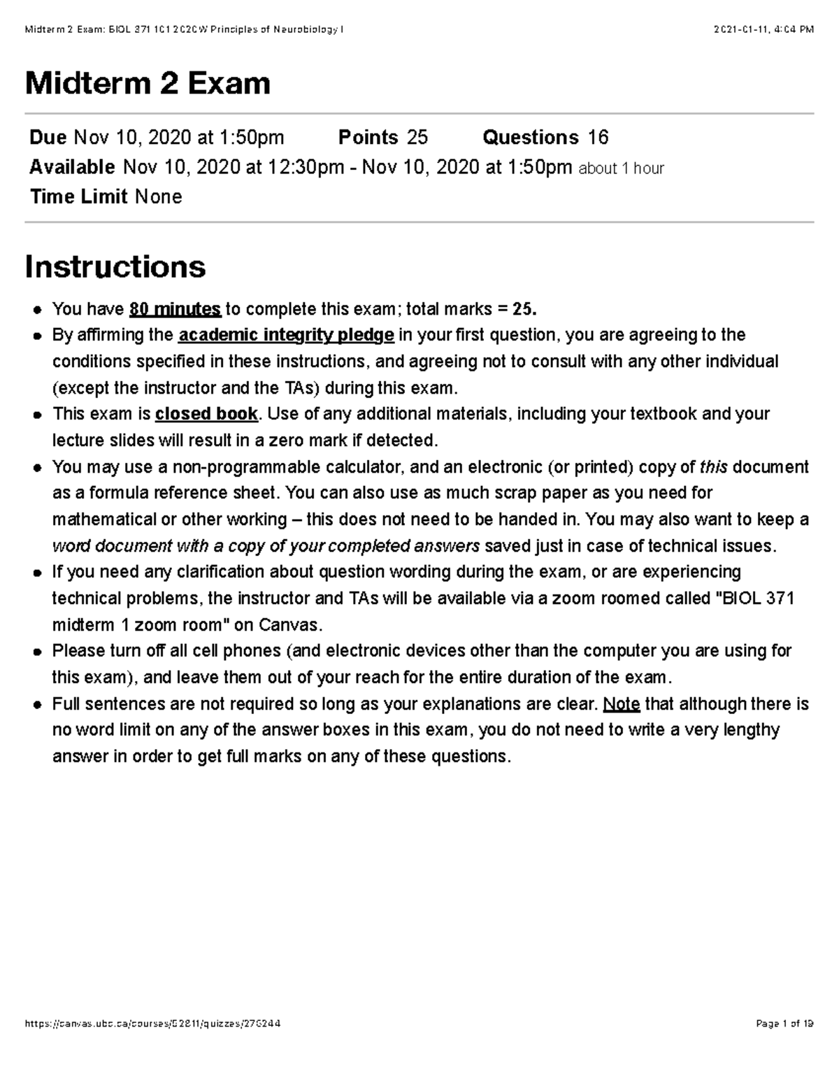 Midterm 2 with Answers - Midterm 2 Exam Due Nov 10, 2020 at 1:50pm Points 25 Questions 16 ...