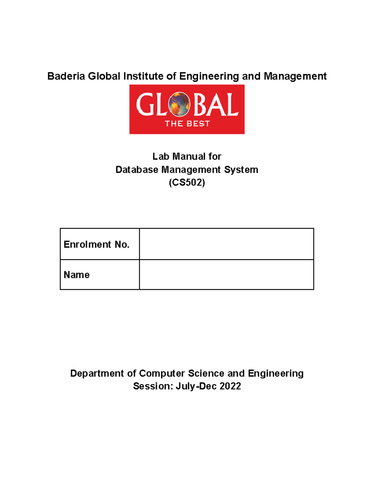 Lab manual-1 - lab Manual dbms - Baderia Global Institute of ...