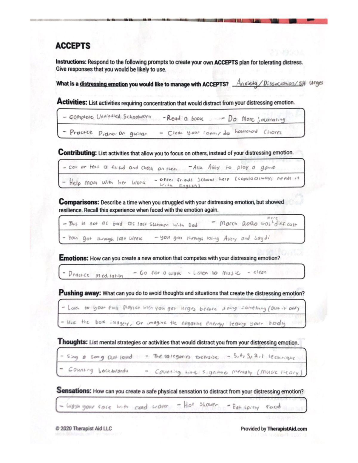 ACCEPTS CBT Therapy Model Patient Worksheet: Coping Skills for Anxiety ...