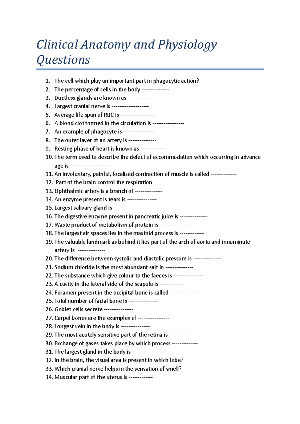 Clinical Anatomy and Physiology Questions - Clinical Anatomy and ...
