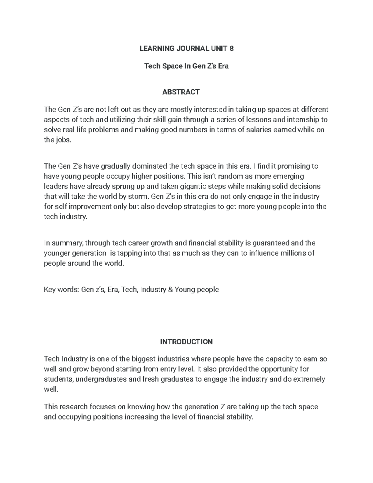 LJ- Unit 8 -1 - LEARNING JOURNAL UNIT 8 Tech Space In Gen Z’s Era ...