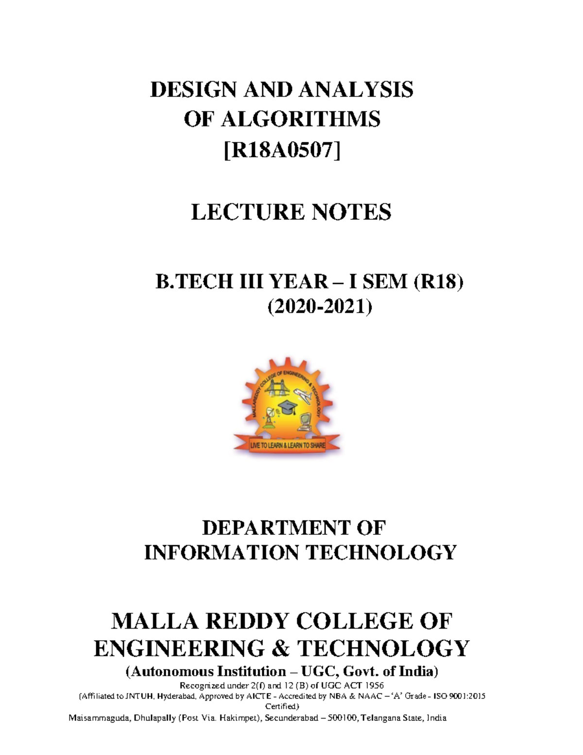 (R18A0507) Design And Analysis of Algorithms - DESIGN AND ANALYSIS OF ...