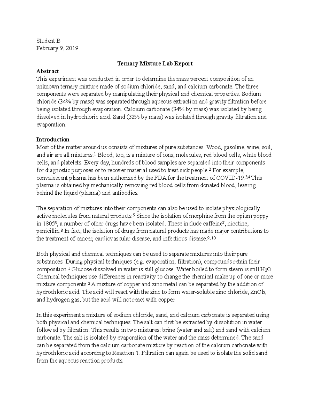 Student B Sample Report - Student B February 9, 2019 Ternary Mixture ...